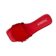 AVRNLIQ Womens Red Fluffy Feather Square Toe Flat Slide Sandals Slip On ...