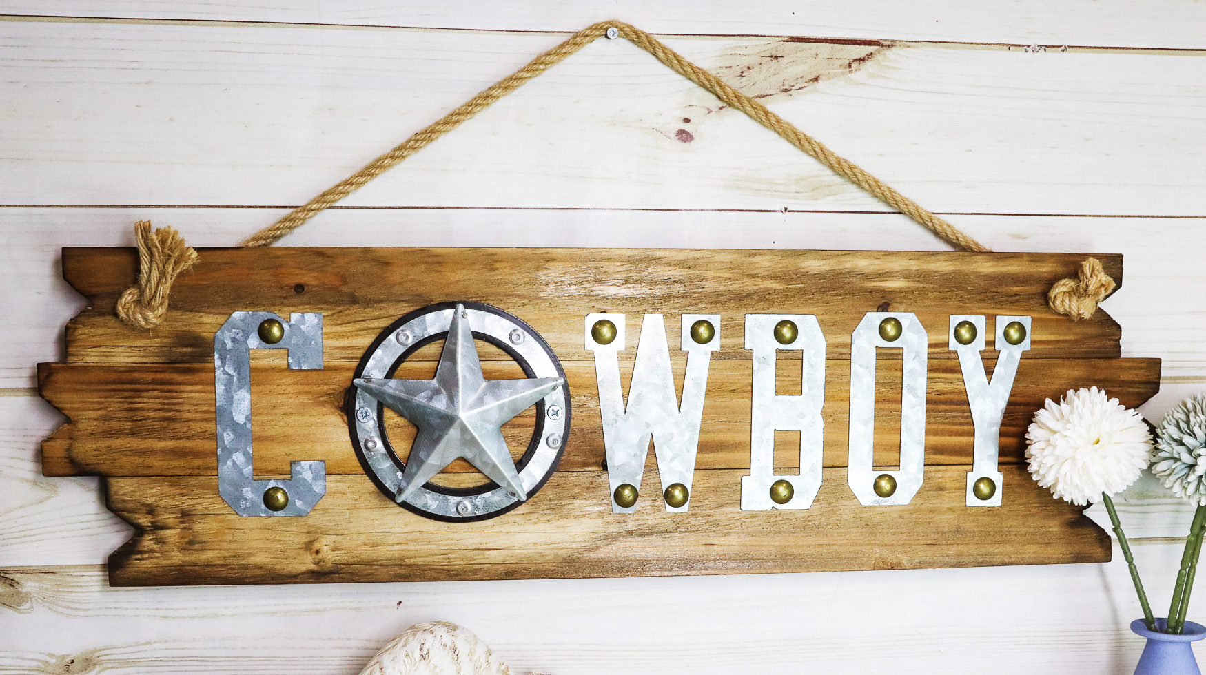 25"L Rustic Metal Western Star Cowboy Sign On Wooden Plank Wall Or Door ...