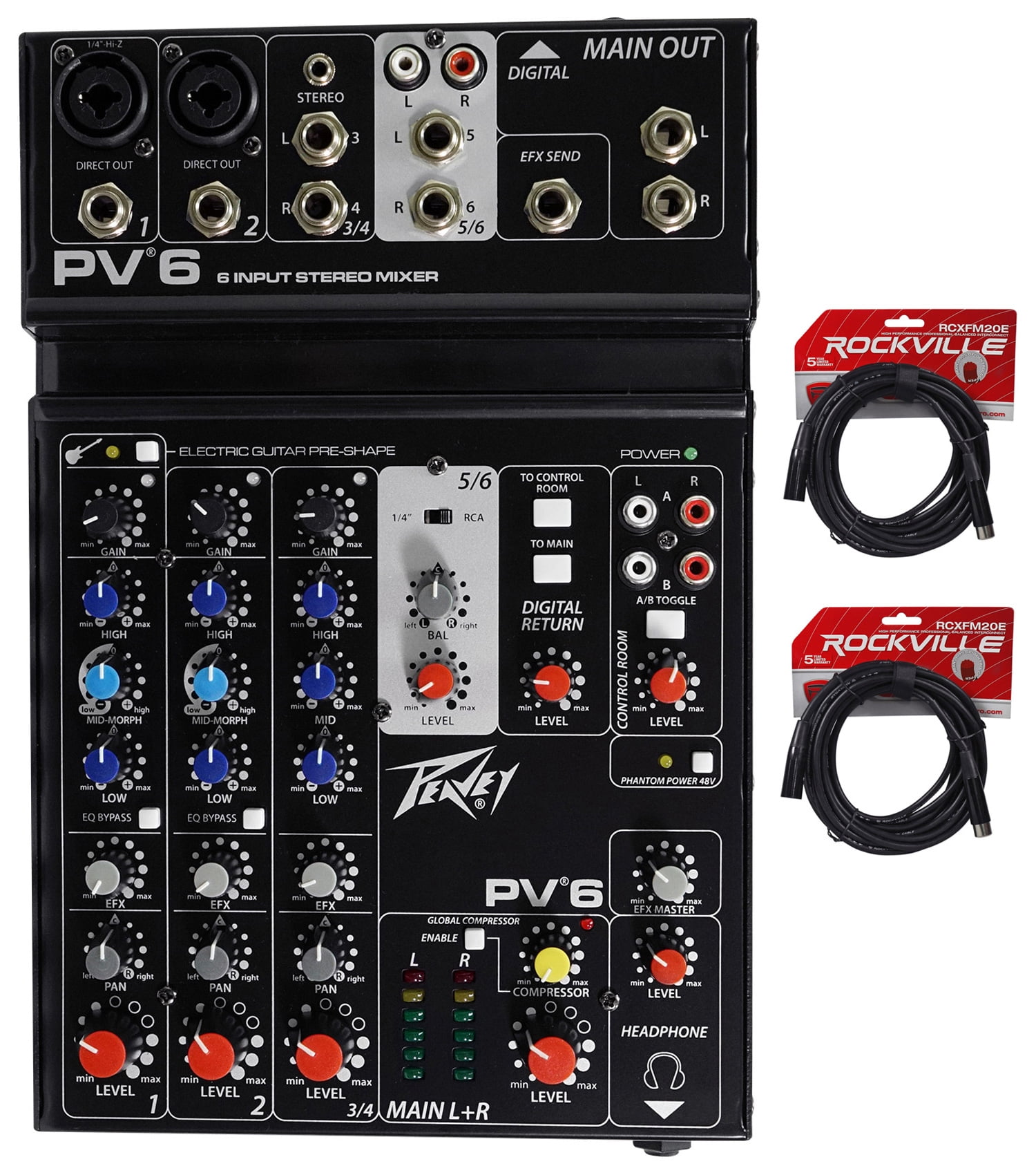 Peavey PV6 PV 6 Pro Audio Mixer w/ 2 Mic In, USB, Compressor/Effects ...