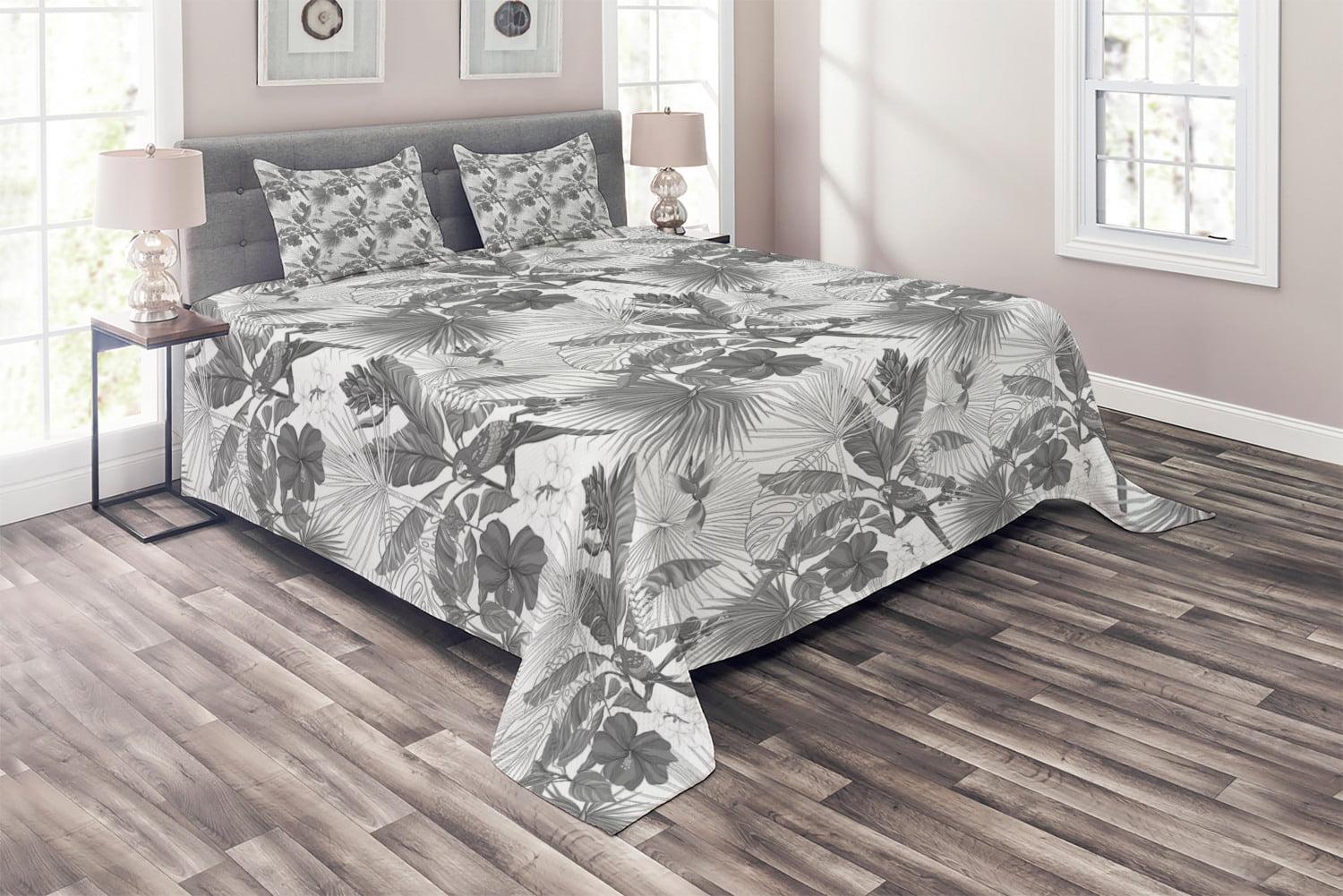 Hawaii Coverlet, Greyscale Exotic Jungle Floral Pattern with Tropical ...