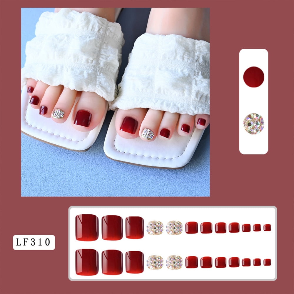 Red Flash Diamond Fake Toenails Full Cover Square Red Artificial Nail ...