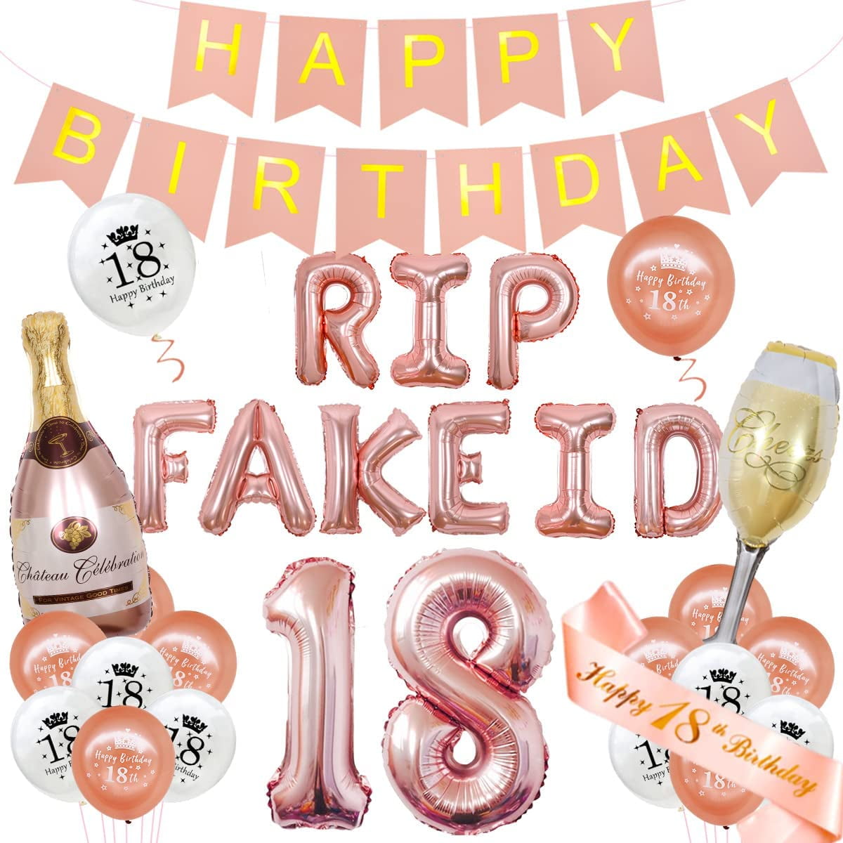 Rose Gold 18th Birthday Party Decorations for Girls, Rip Fake ID ...
