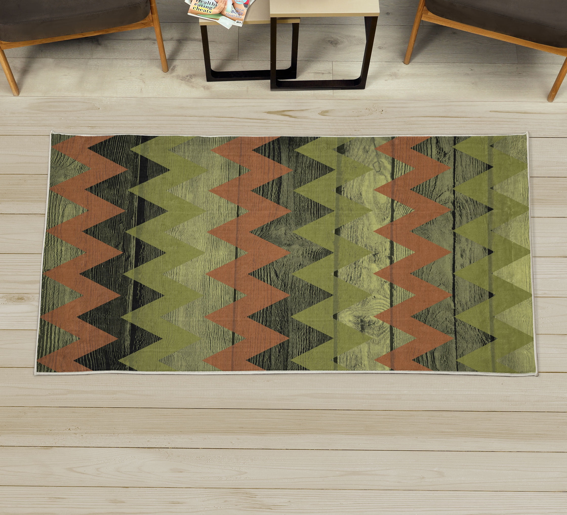 Chevron Decorative Rug, Zig Zag Lines Pattern on Wooden Looking ...