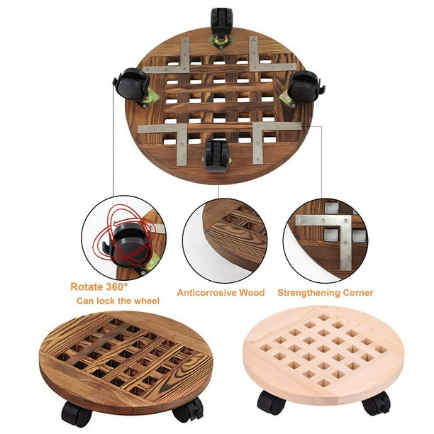 Wood Plant Stand Round Rolling Tray with Rack Wood Plant Rotating ...