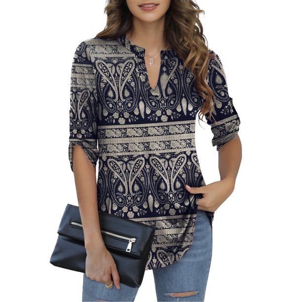 Letdiosto Womens Plus Size Shirts 3 4 Roll Sleeve V Neck Floral Flowy