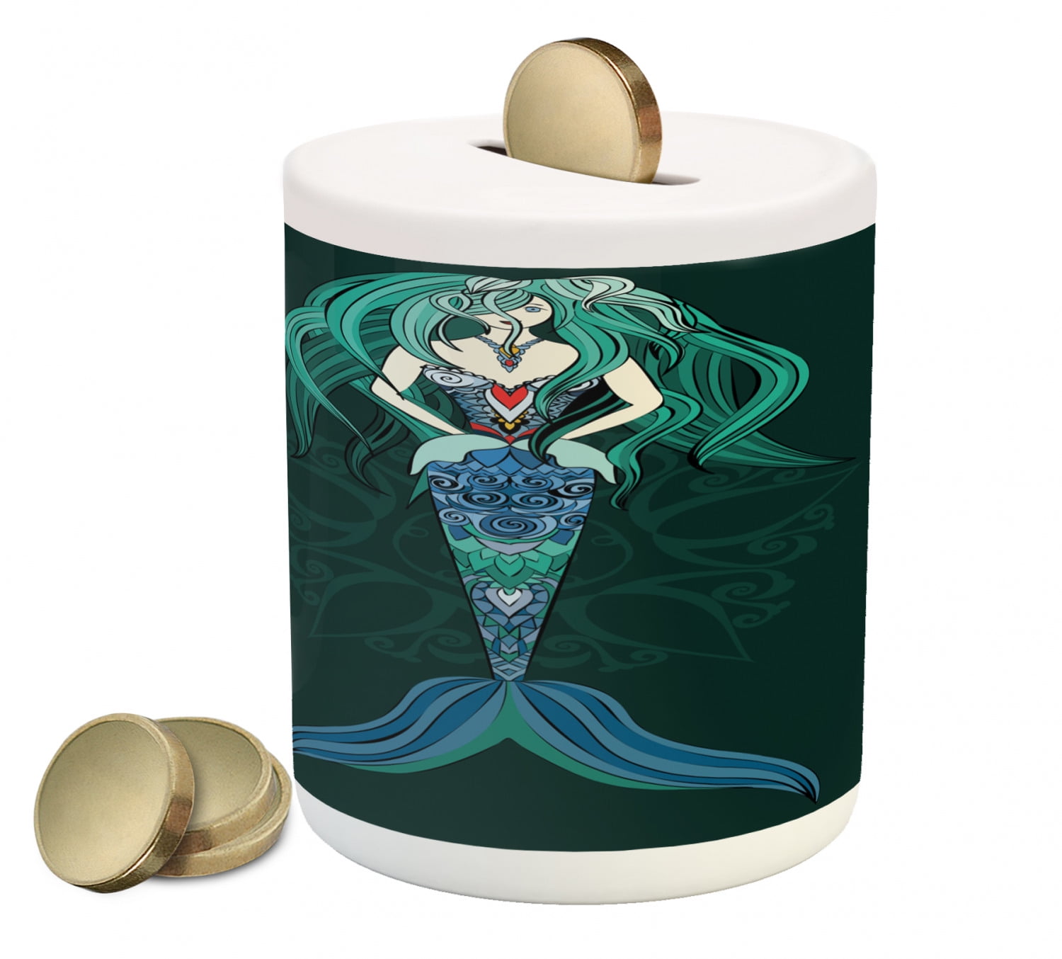 Mermaid Piggy Bank, Hand Drawn Mermaid on Ornate Mandala Backdrop ...