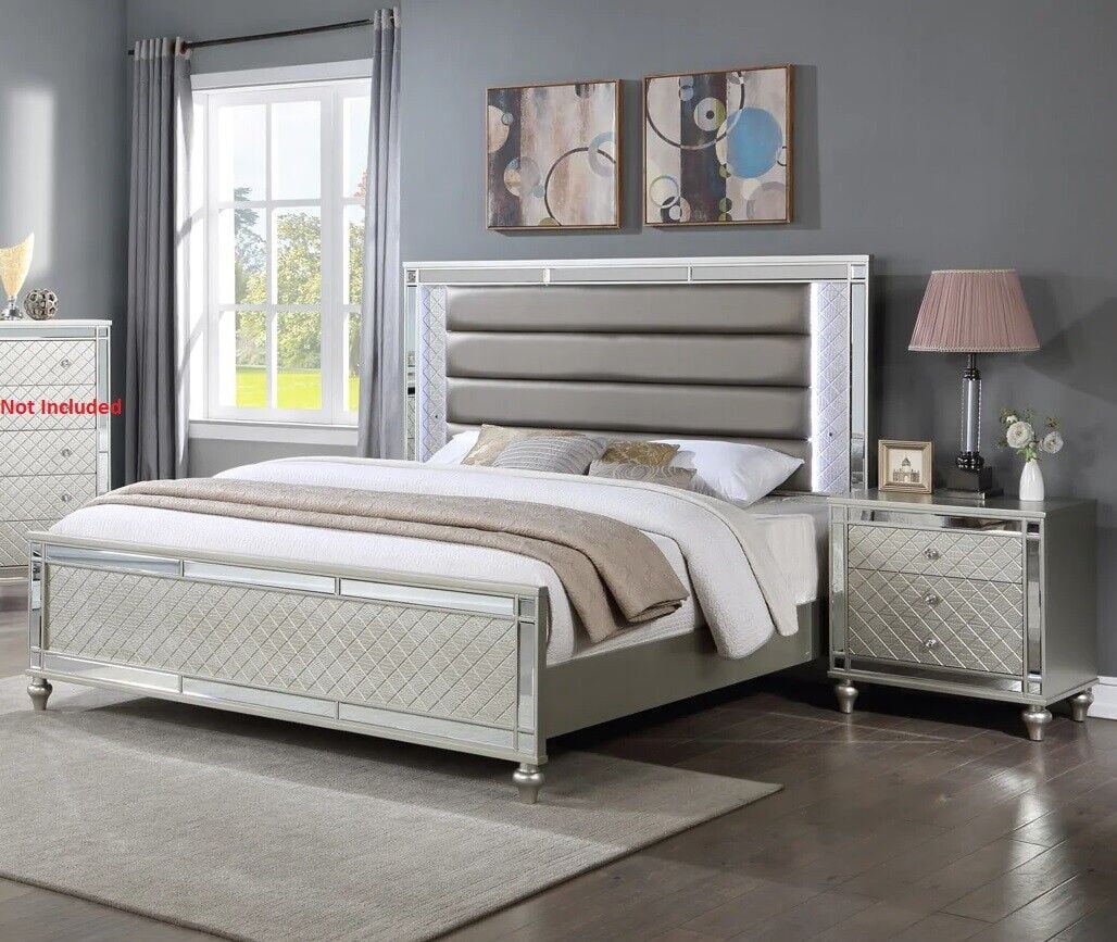 Modern Glam Style 3pc Queen Size Upholstery LED Bed and Nightstands ...