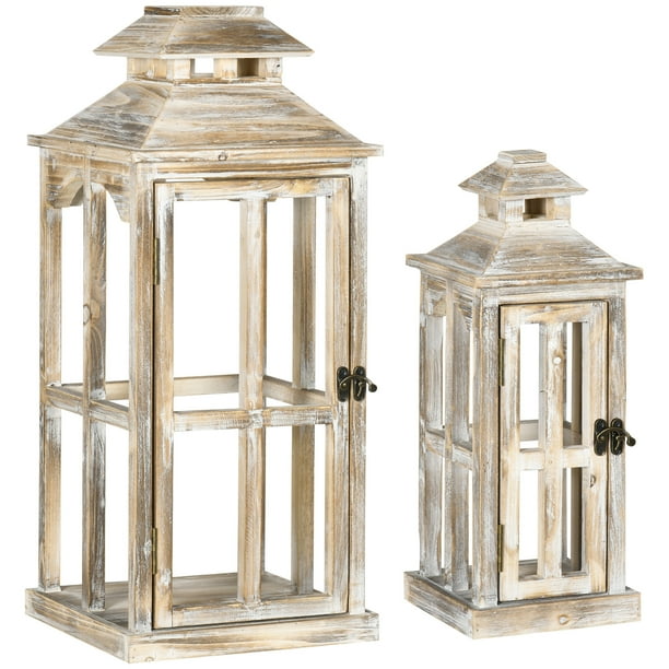 HOMCOM 2 Pack 28"/20" Large Rustic Wooden Lantern Decorative, Indoor ...