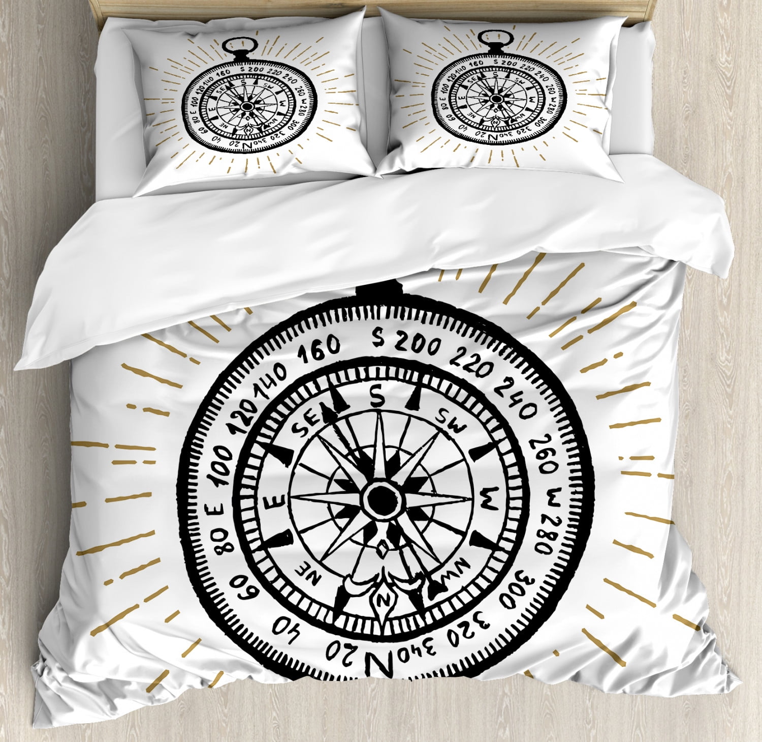 Compass Duvet Cover Set Queen Size, Hand Drawn Vintage Inspired Sea ...