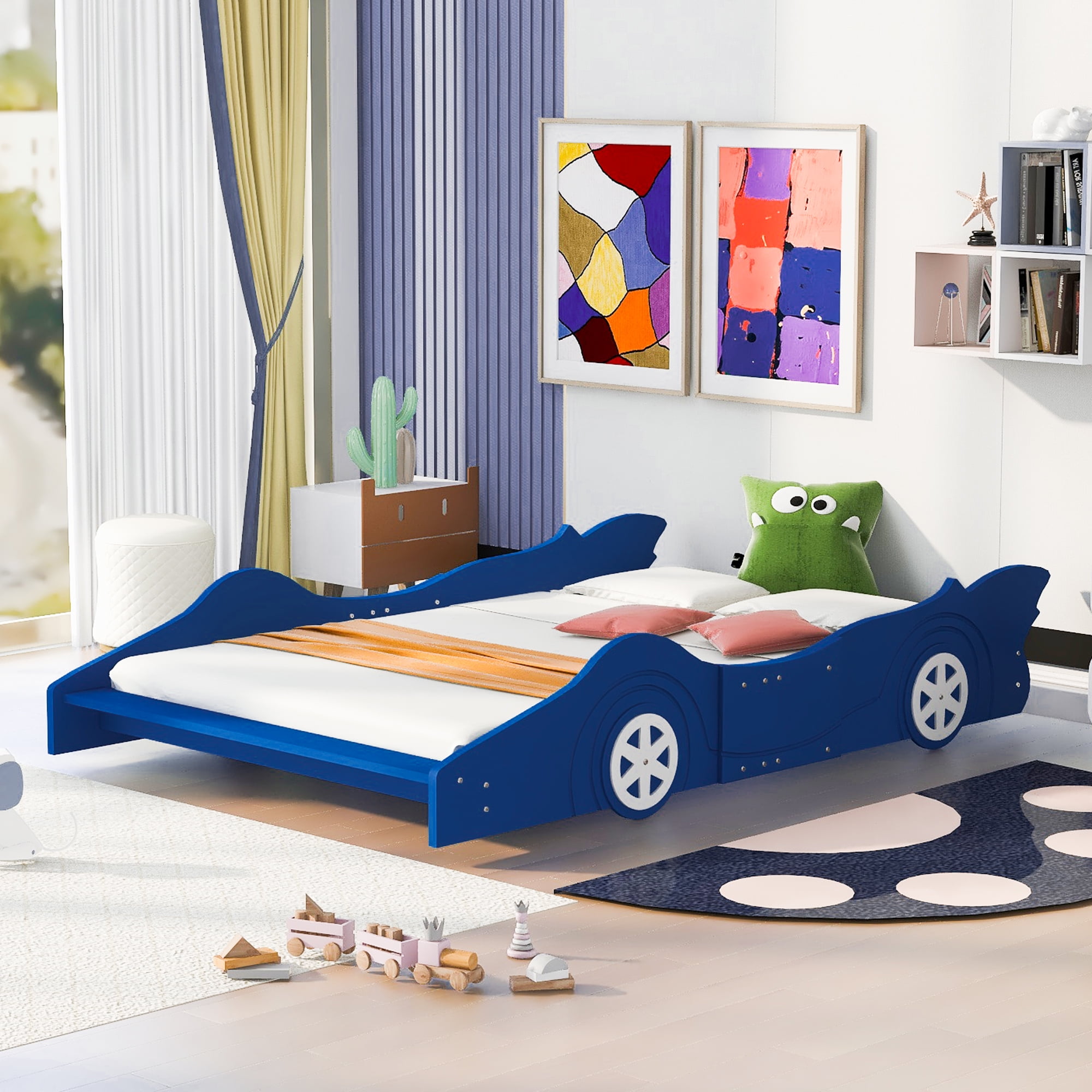 Aukfa Full Size Race Car Bed, Wood Toddler Bed with Wheels, Blue ...