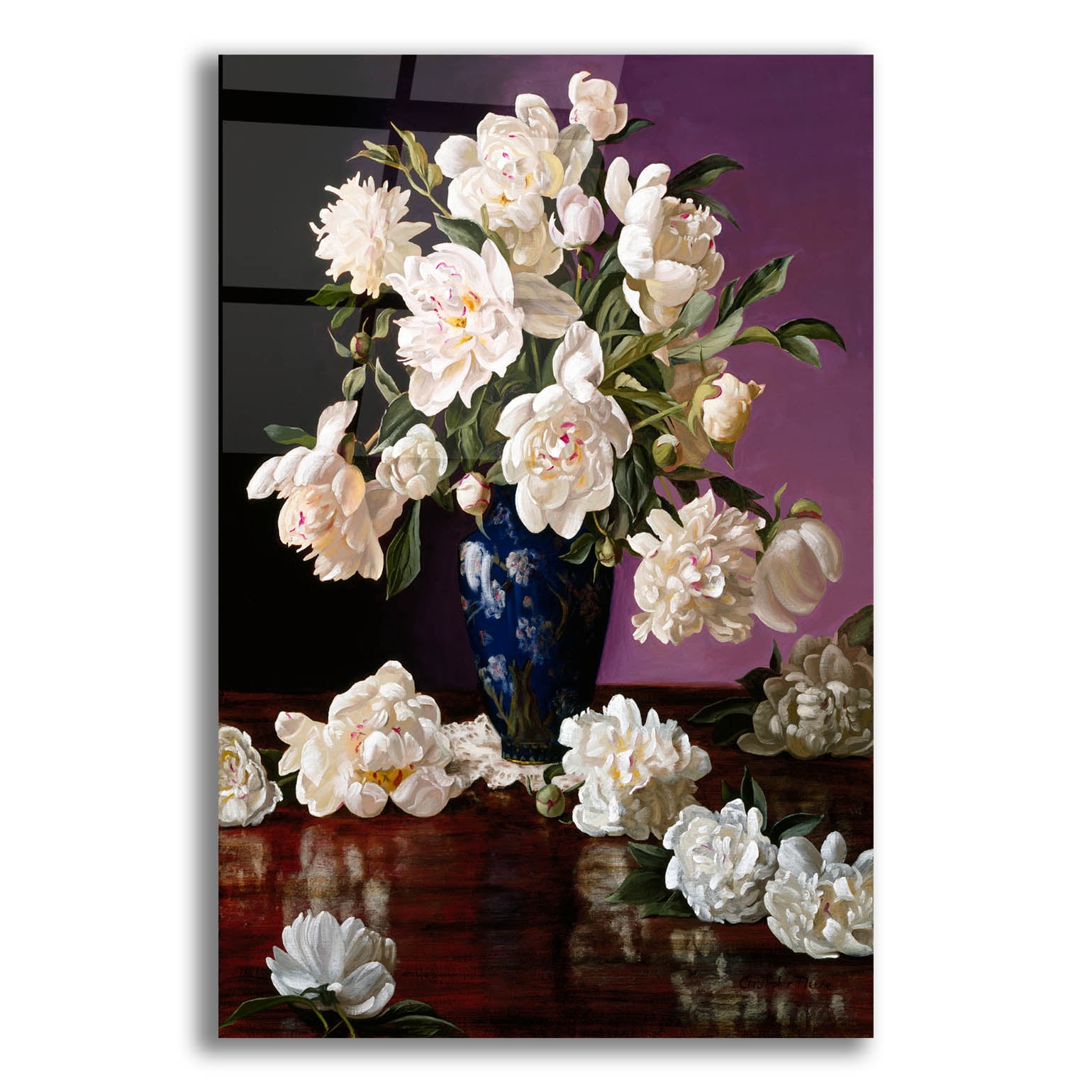 Epic Art 'White Peonies In Blue Chinese Vase' by Christopher Pierce ...