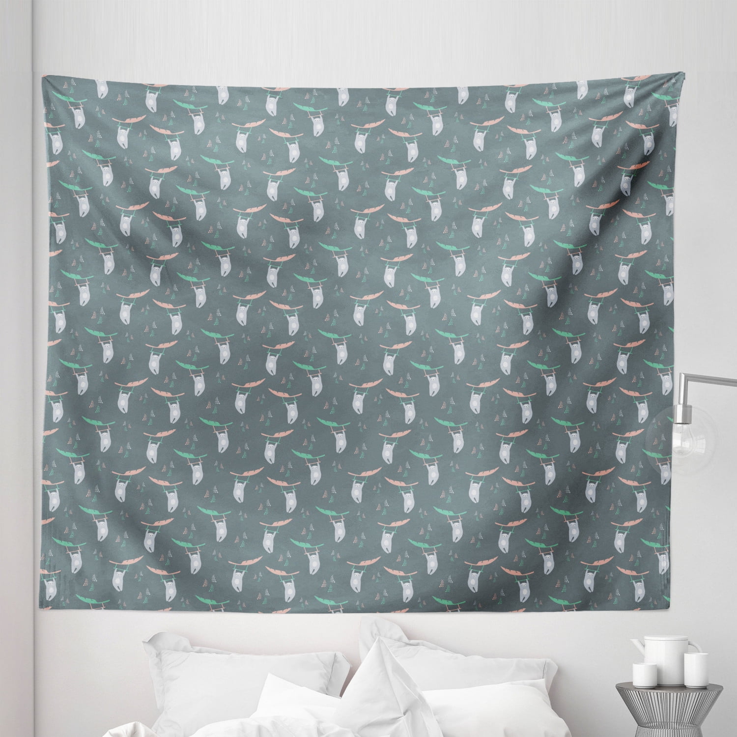 Jungle Cartoon Tapestry, Pastel Tone Sloth Hanging on Leafy Branches ...