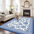 Blue Flowers Washable Living Room Rugs 9'x12', Floral Geometric Classic ...