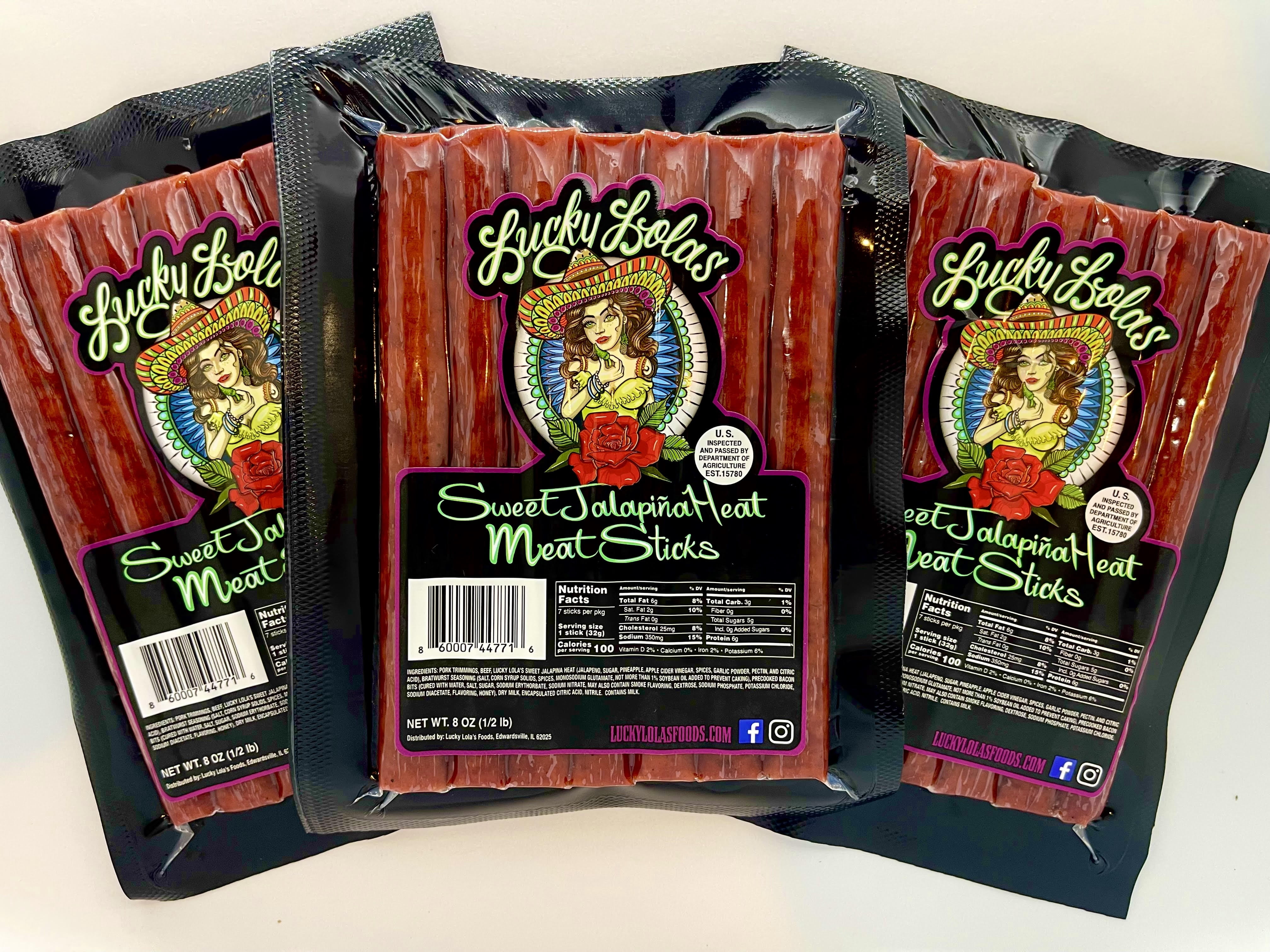 3 PACK - Lucky Lola's Sweet Jalapina Heat Meat Sticks - 1/2 Pound (7 ...