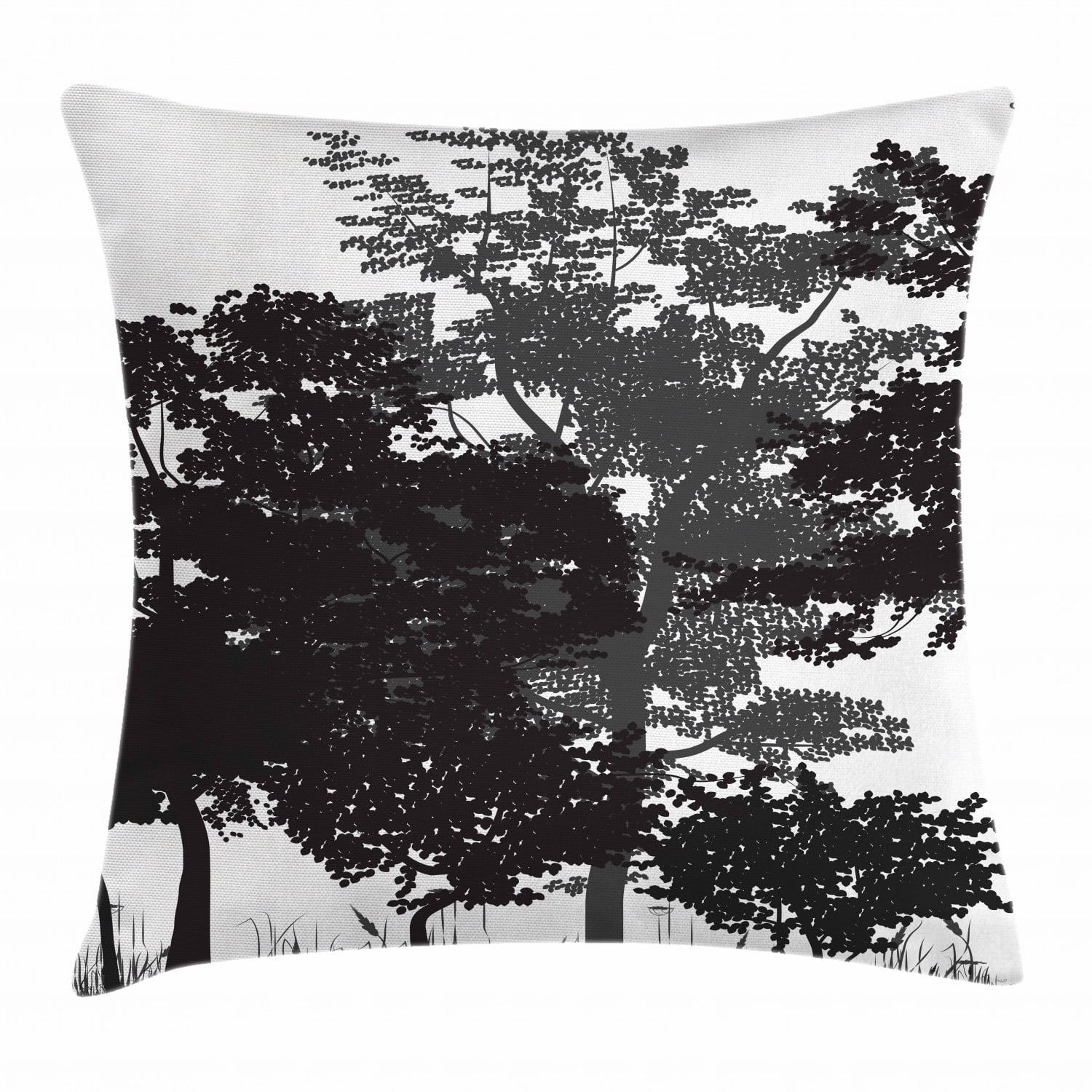Forest Throw Pillow Cushion Cover, Tree Silhouettes and Bushes in ...