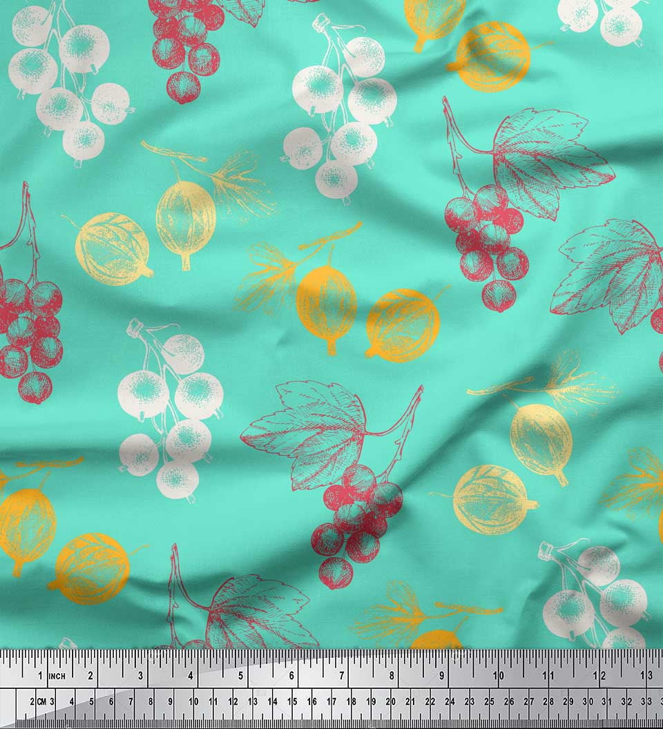 Soimoi Green Rayon Fabric Leaves & Berries Fruits Print Fabric by the ...