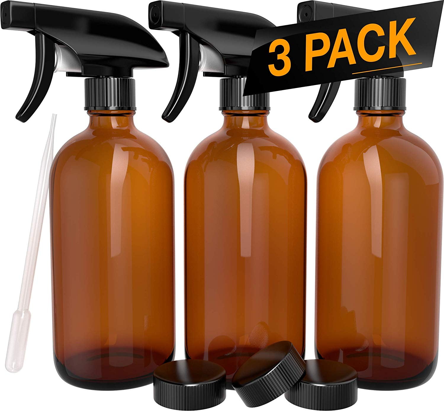 Nylea 3 Pack Refillable 16 oz Amber Glass Spray Bottles [Free Phenolic ...
