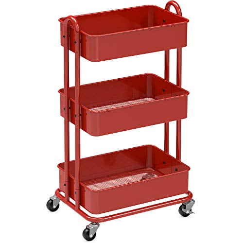 SimpleHouseware Heavy Duty 3-Tier Metal Utility Rolling Cart, Red ...