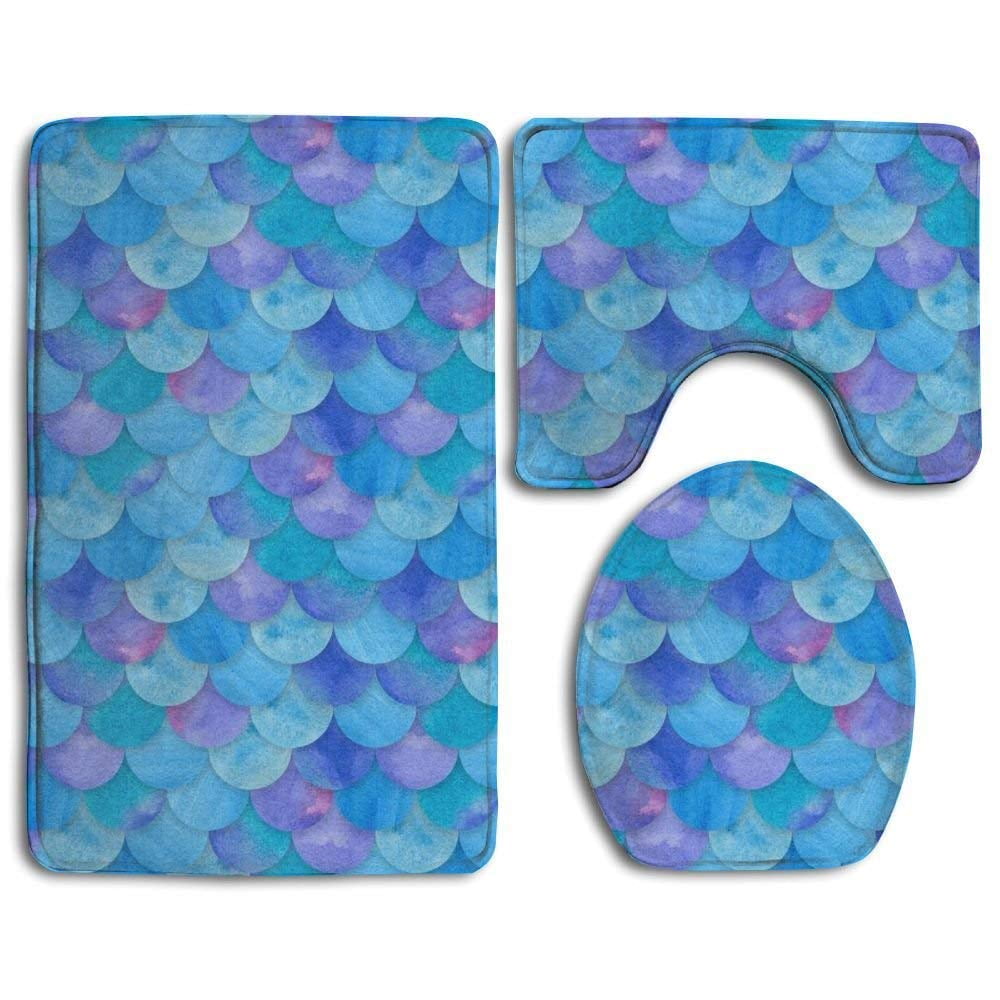 GOHAO Sea Blue Mermaid Fish Scale 3 Piece Bathroom Rugs Set Bath Rug ...
