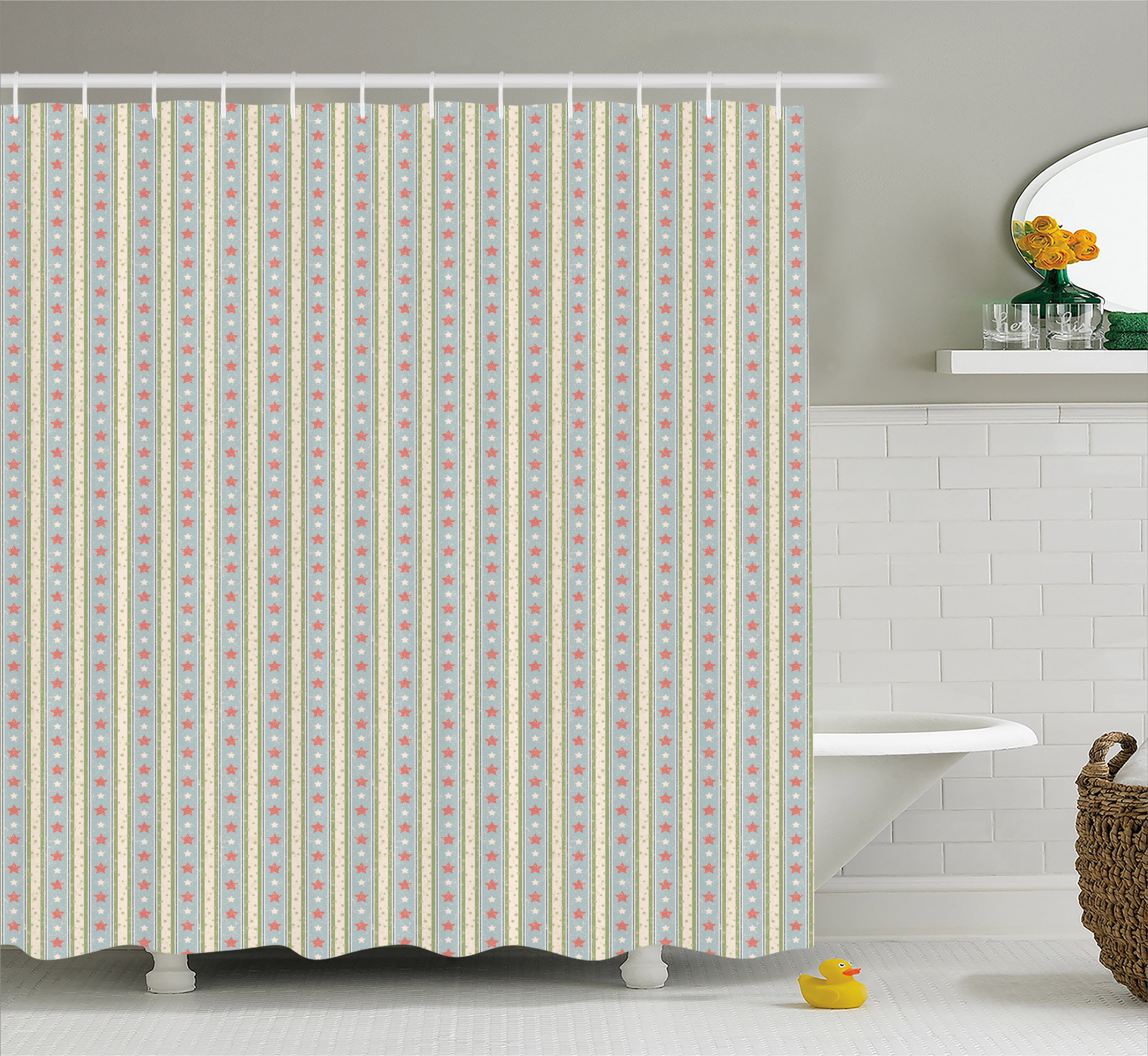 Vintage Shower Curtain, Retro Vertical Stripes and Stars with Pastel ...