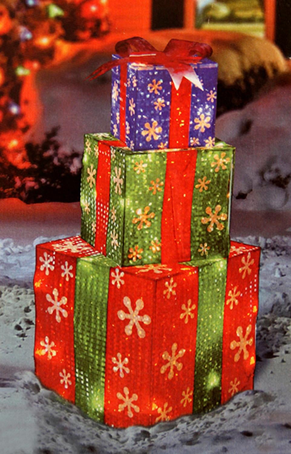 24 Stacked Holographic Snowflake Present Lighted Christmas Yard Art 24 Stacked Holographic Snowflake Present Lighted Christmas Yard Art