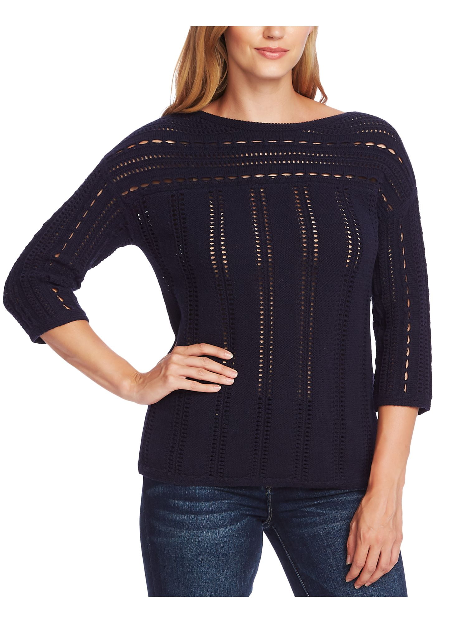 VINCE CAMUTO Womens Navy Open Knit 3/4 Sleeve Boat Neck Sweater S ...