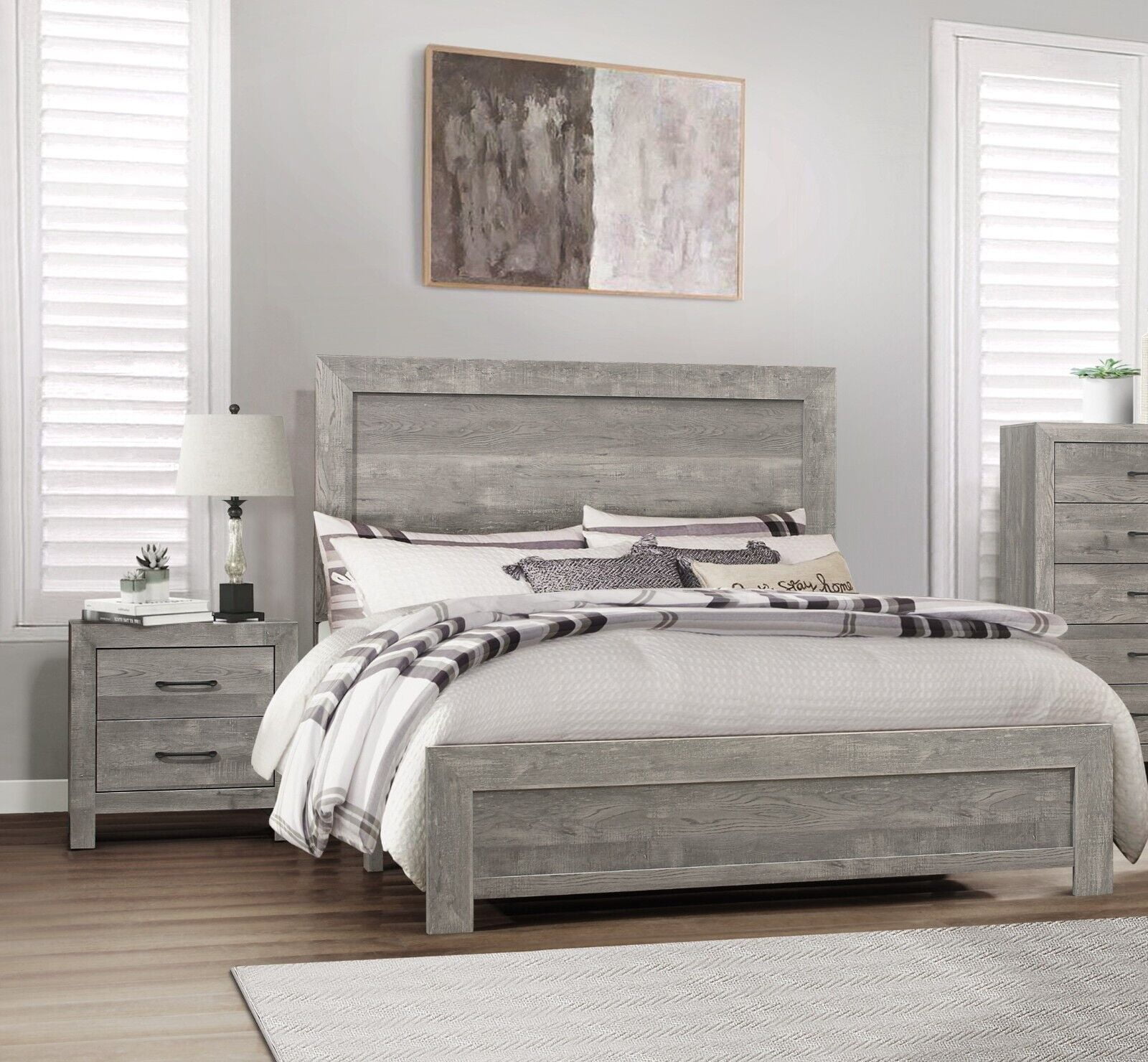 Modern Rustic Style Gray Finish Full Size Bed and 2x Nightstands ...