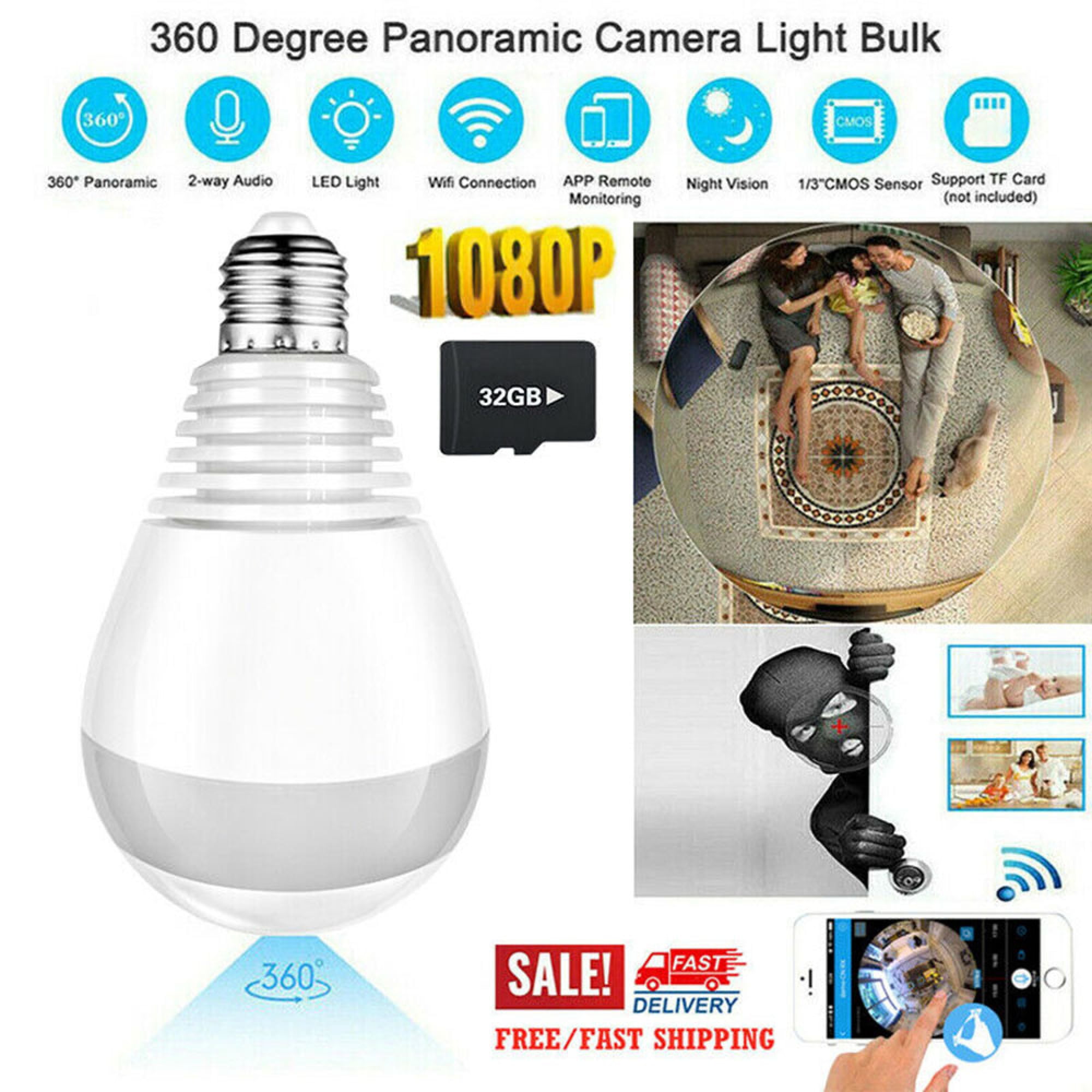 360° Panoramic Wireless HD 1080P Smart Light Bulb Camera Wifi Anti ...