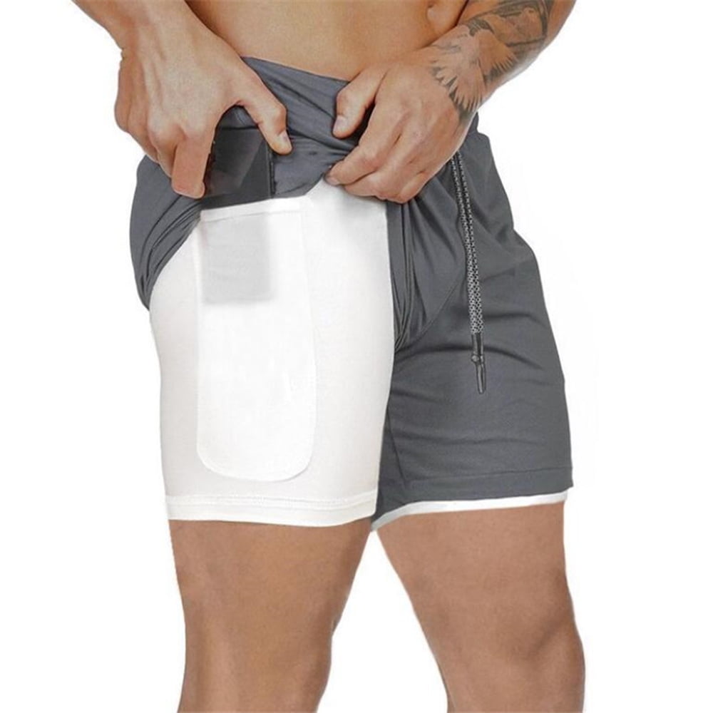 Men 2 In 1 Workout Running Shorts Sport Hip Fitness Lightweight Gym
