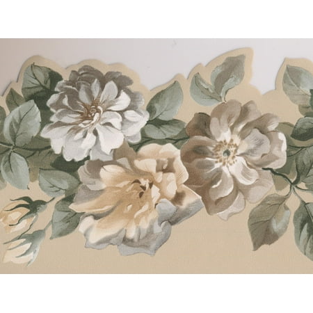 Yellow Grey Roses on Vine Floral Wallpaper Border Retro Design, Roll 15 ...