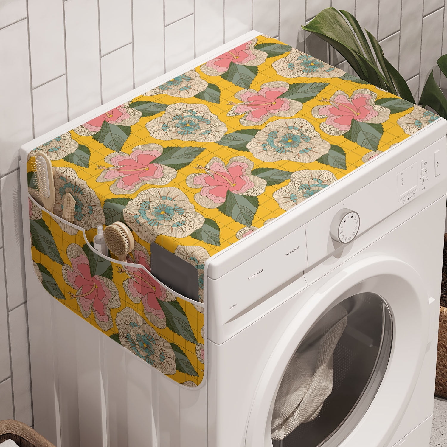 Tropical Washing Machine Organizer, Exotic Hand Drawn Hibiscus Flowers ...