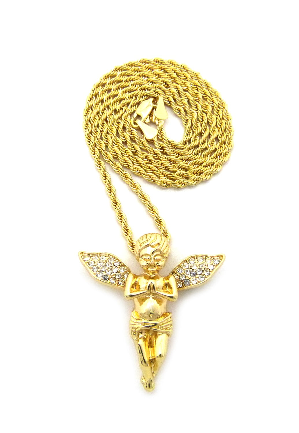 Stone Stud Extended Wing Praying Angel Pendant w/ Chain Necklace - 3mm ...