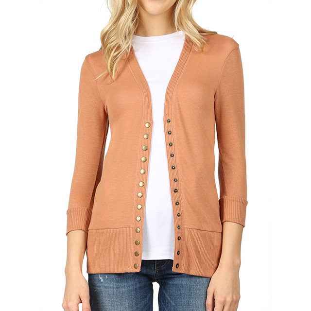 Women Classic Thin Snap Button Front V-Neck Button Down 3/4 Sleeve ...