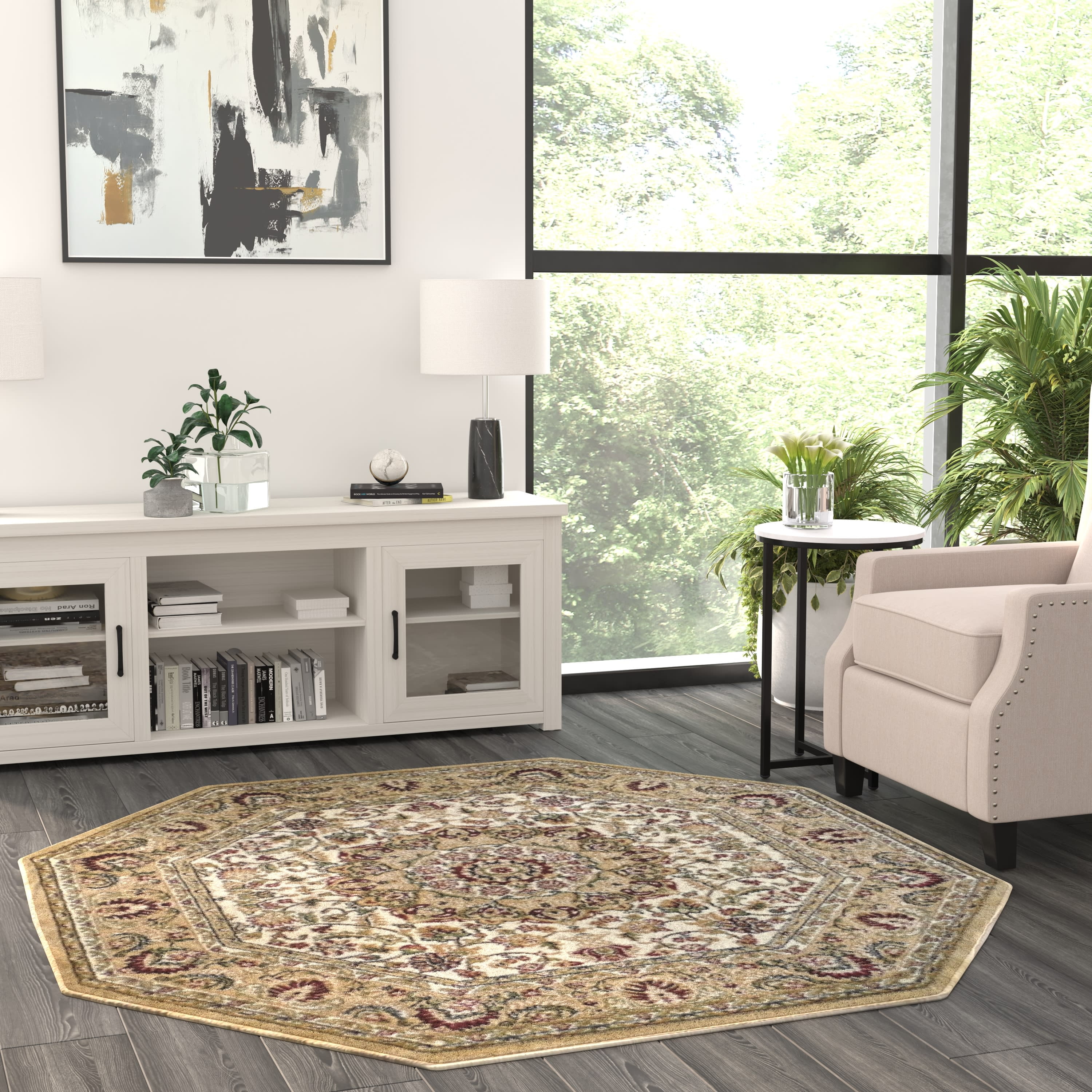 BizChair Traditional Octagon Area Rug Design Bellagio 401 Ivory (5 Feet ...
