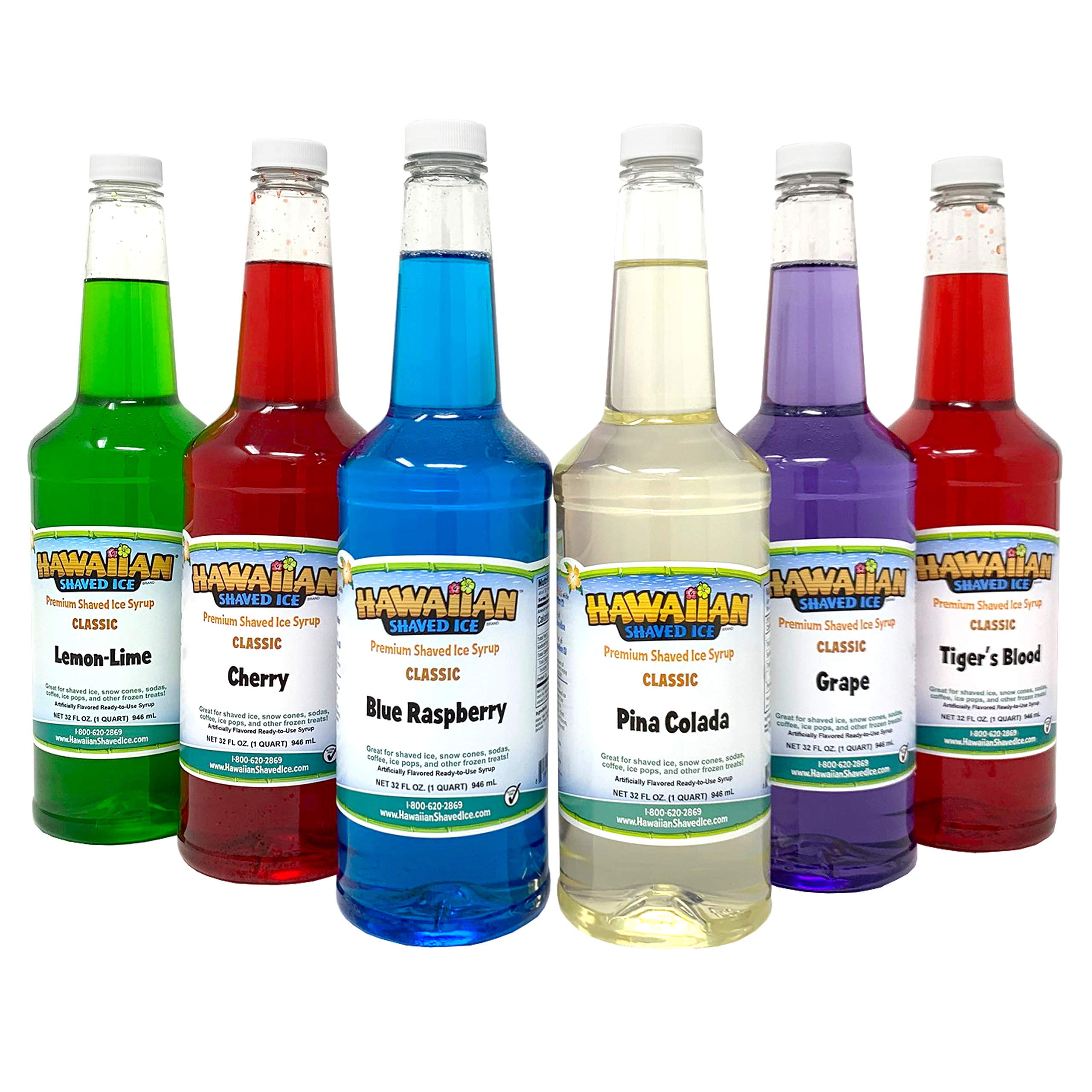 Hawaiian Shaved Ice Snow Cone Syrup 6 Flavor Pack Quarts