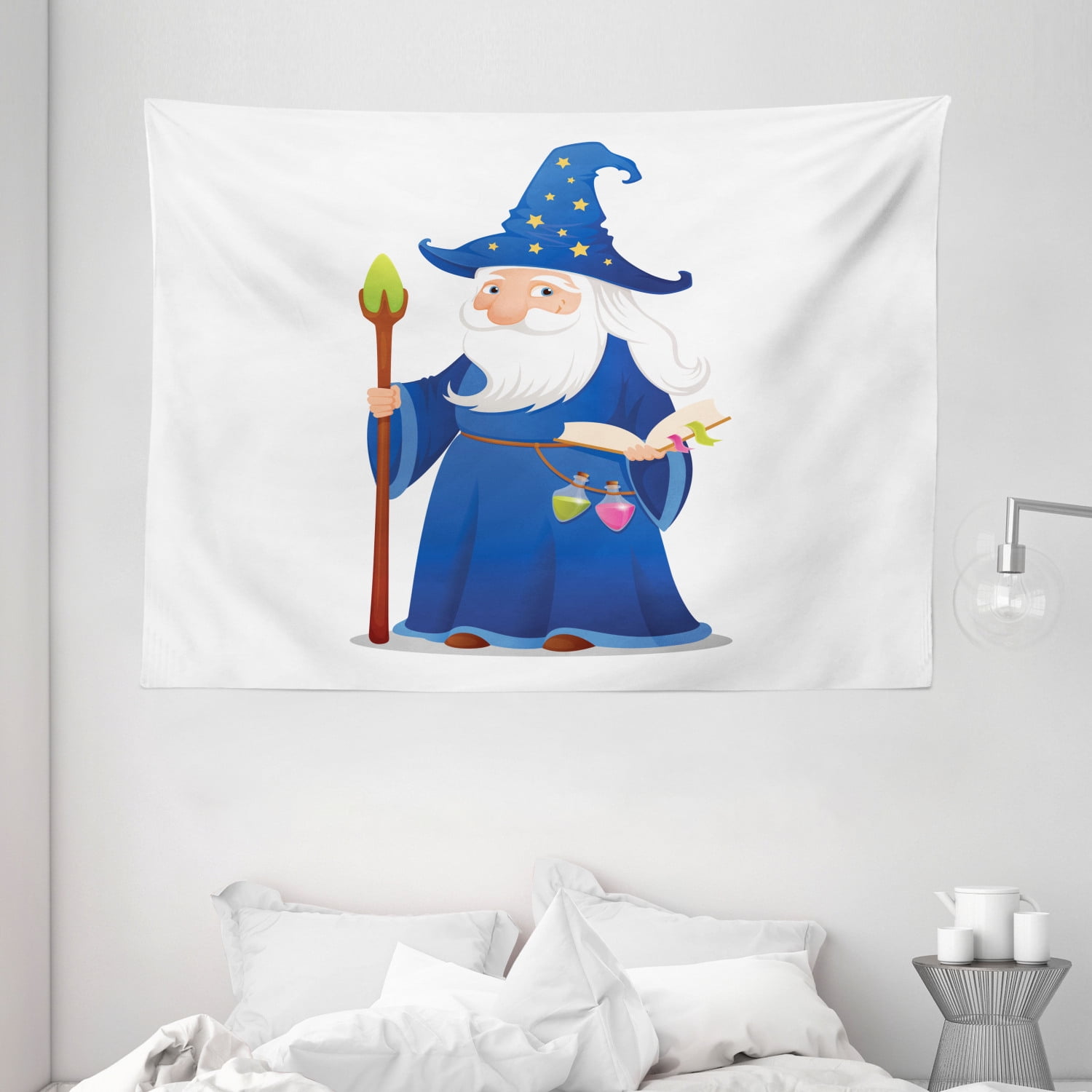 Wizard Tapestry, Sweet Old Cartoon Wizard with Spell Book Potions and ...