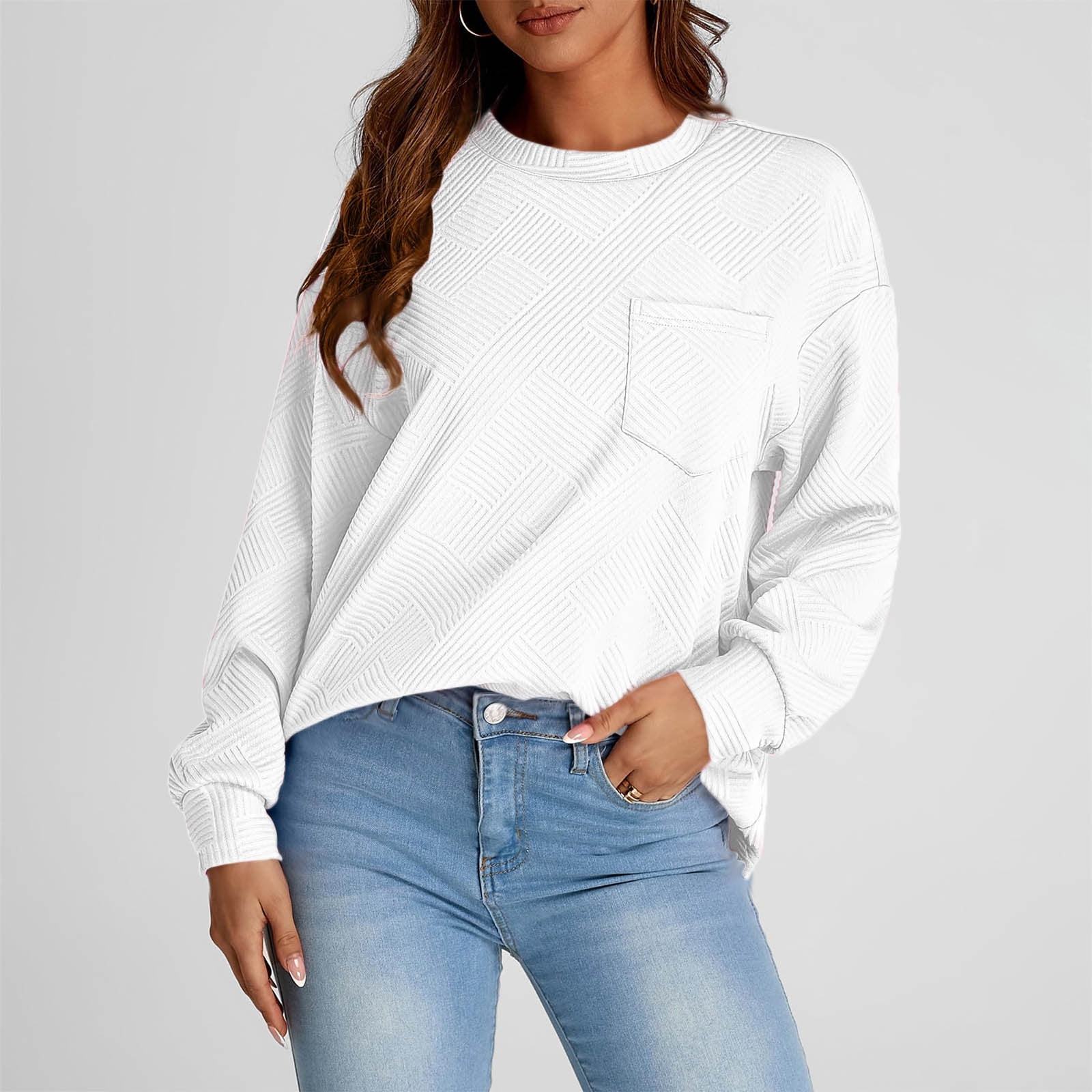 BXINGOHAI Women's Casual Textured Sweatshirts 2024 Fall Winter Long Sleeve Blouse Drop Shoulder ...