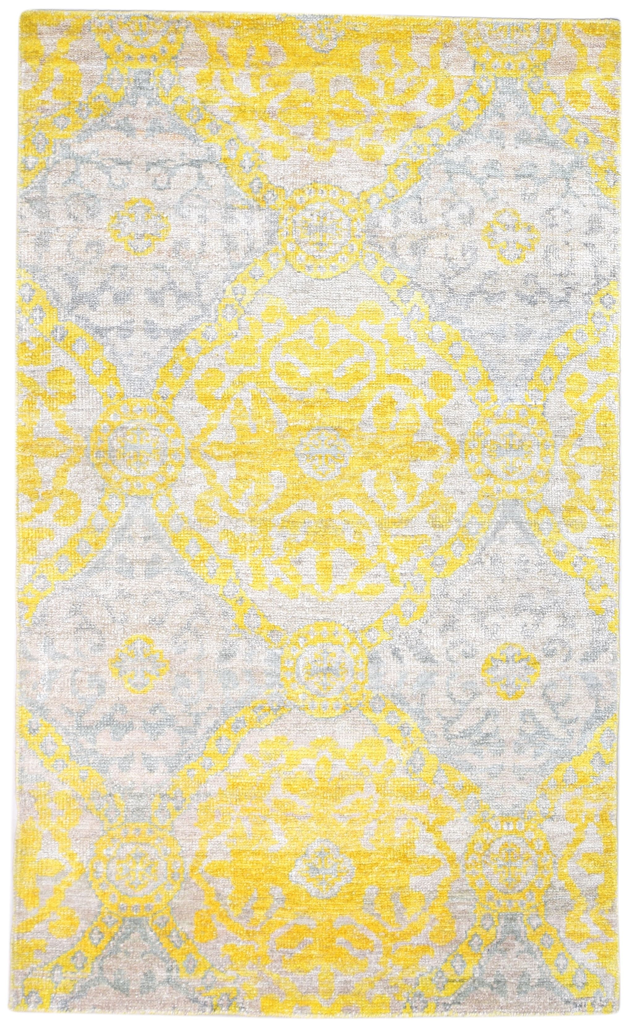 Hand Knotted Gold Silk Rug 5' X 8' Modern Scandinavian Damask Room Size ...