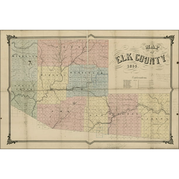 24"x36" Gallery Poster, Map of Elk County Pennsylvania 1855 - Walmart.com