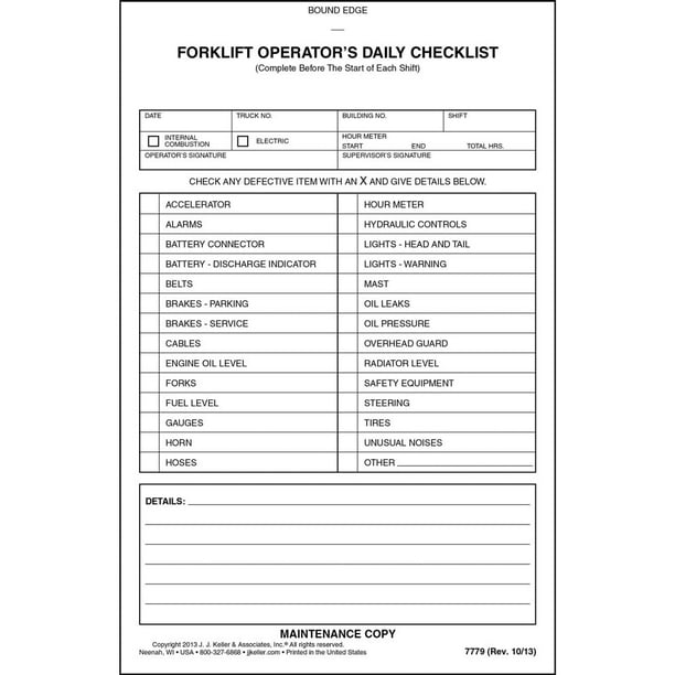 Forklift Operator Daily Checklist 10-pk. - Book Format, 2-Ply ...