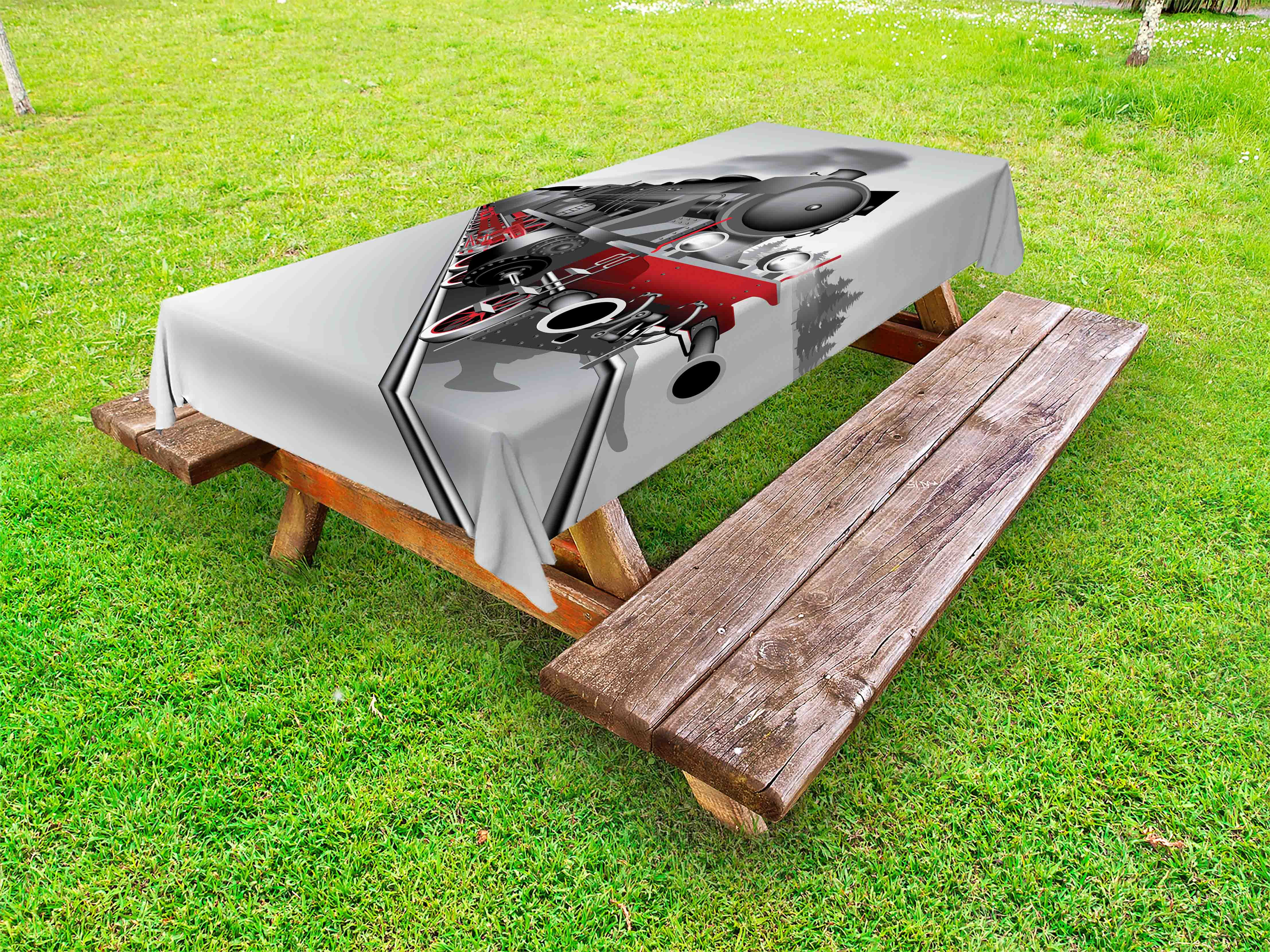 Steam Engine Outdoor Tablecloth, Locomotive Red Black Train on Steel ...