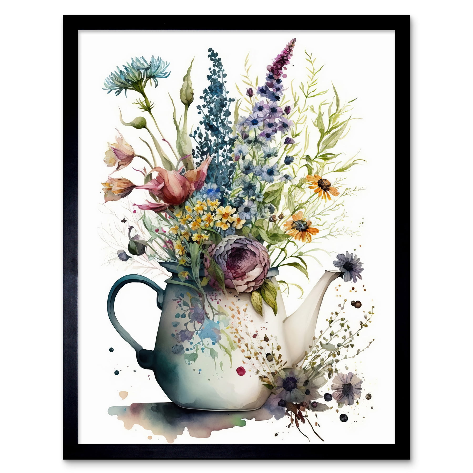 Spring Wildflower Floral Bouquet in a Teapot Vase Art Print Framed ...