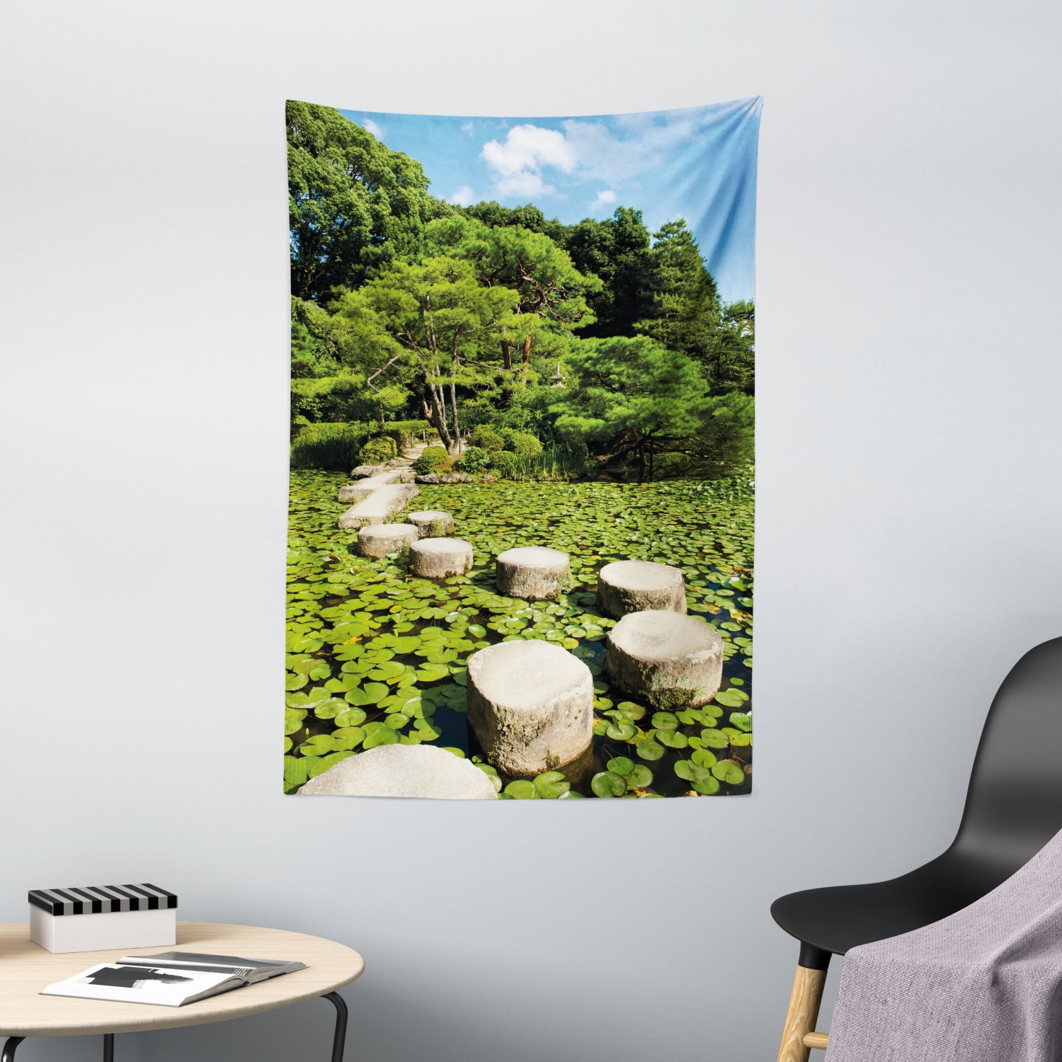 Zen Tapestry, Stone Path in Japanese Garden Lake with Lotus Leaves ...