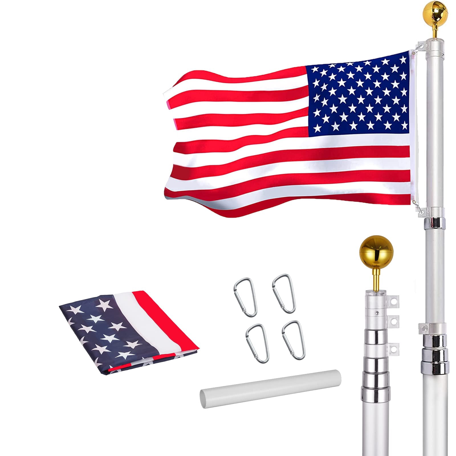 25Ft Telescoping Flag Pole Kit, Aluminum Flag Poles with 3x5 USA Flag ...