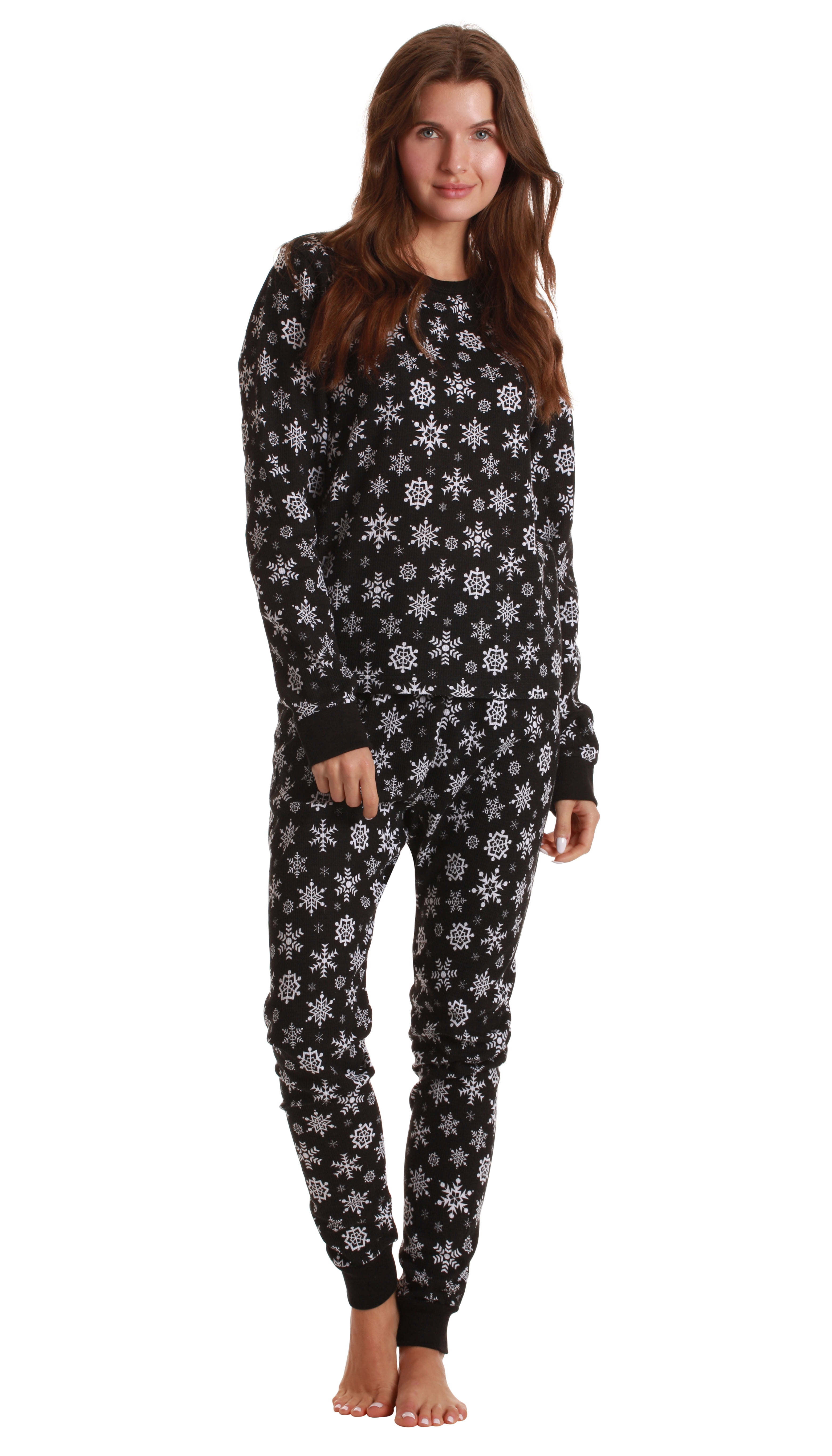 Just Love Women's Thermal Underwear Pajamas Set (Snowflake - Black ...