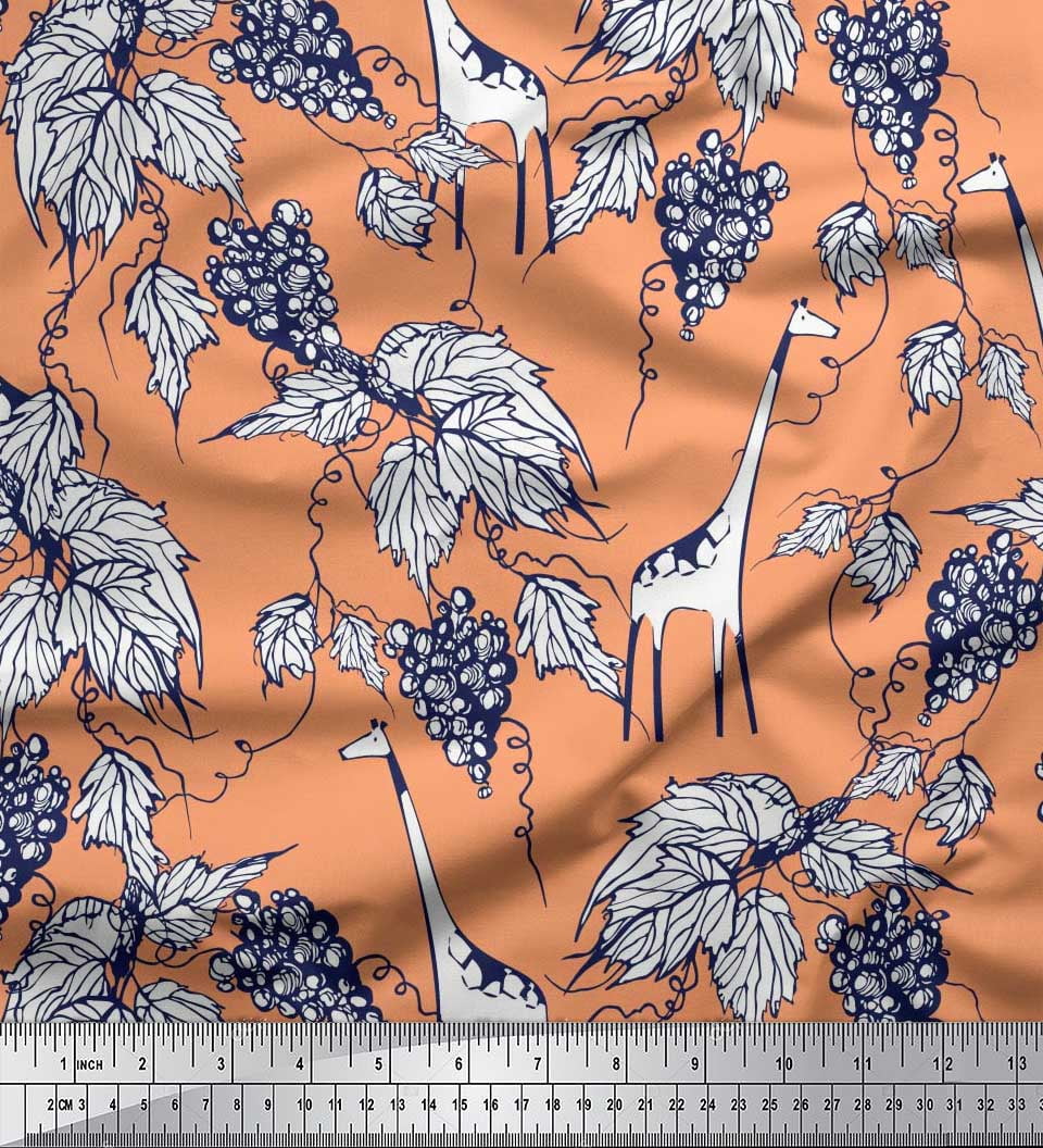 Soimoi Orange Crepe Silk Fabric Leaves,Grapes & Giraffe Animal Print ...