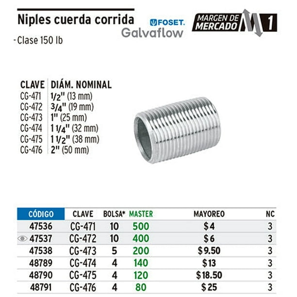 Niple, acero galvanizado, cuerda corrida, 1/2' cédula 40 Foset Niple, acero galvanizado, cuerda ...