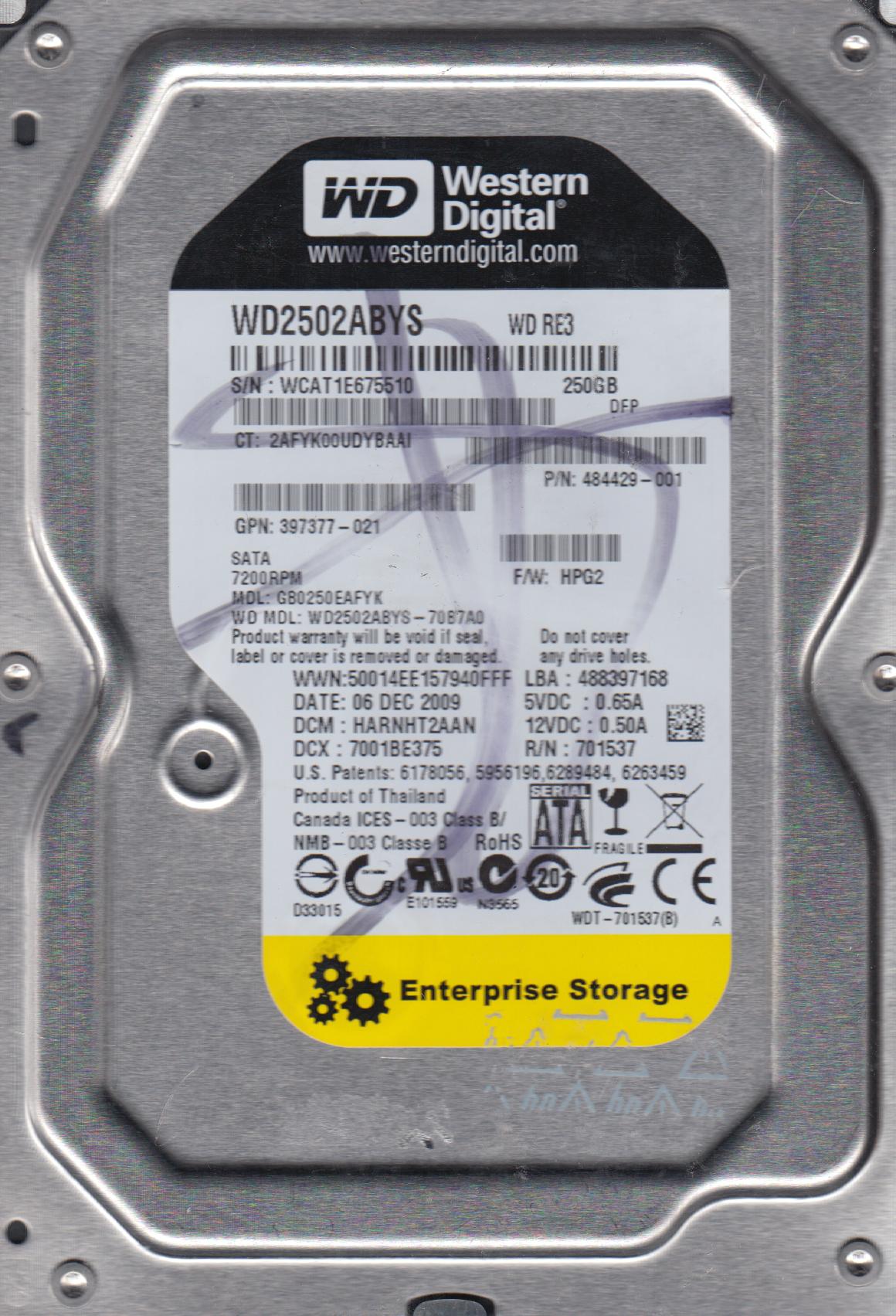 WD2502ABYS-70B7A0, DCM HARNHT2AAN, Western Digital 250GB SATA 3.5 Hard ...