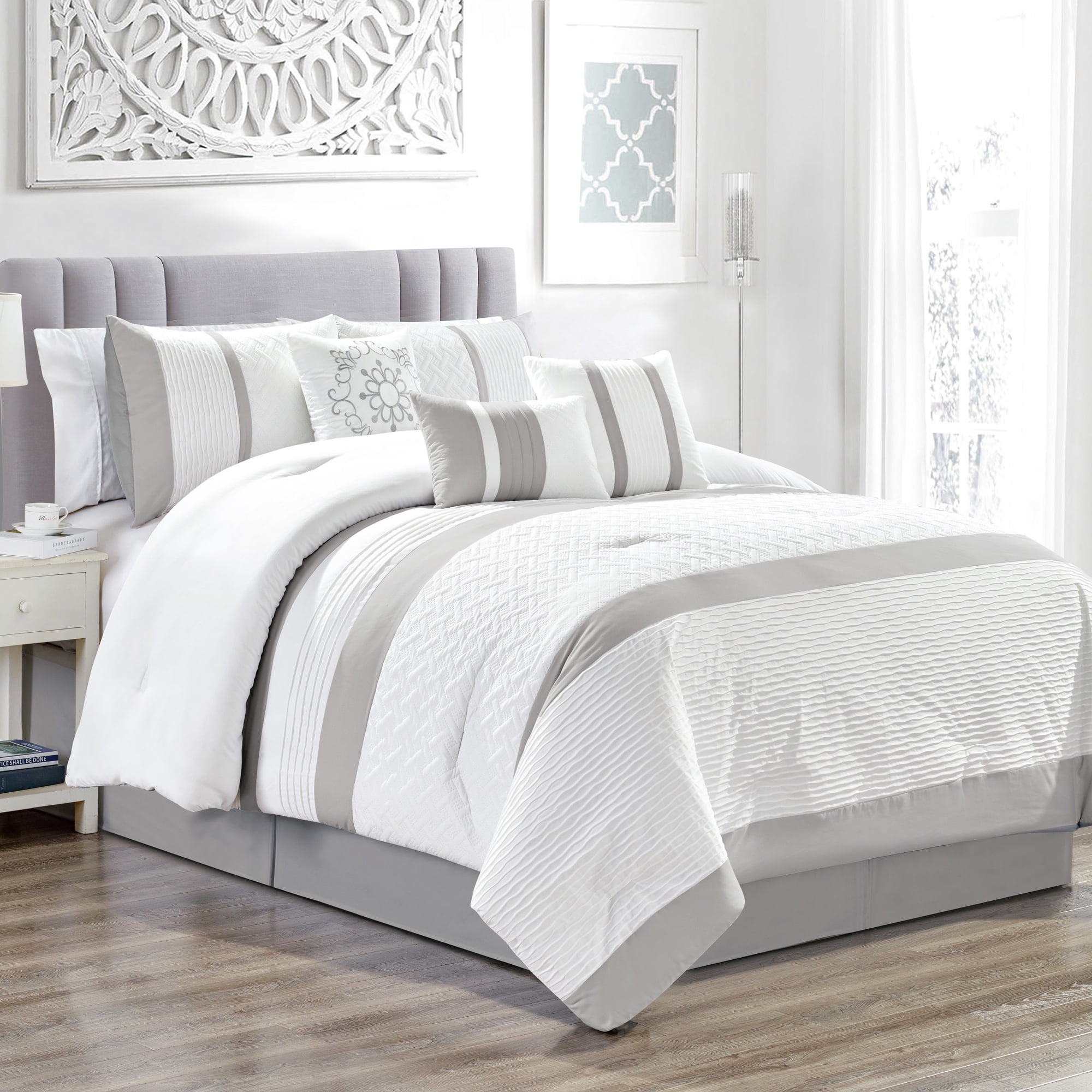 Unique Home Clory 7 Piece Shades of Gray Striped Embroidery Bed in a ...