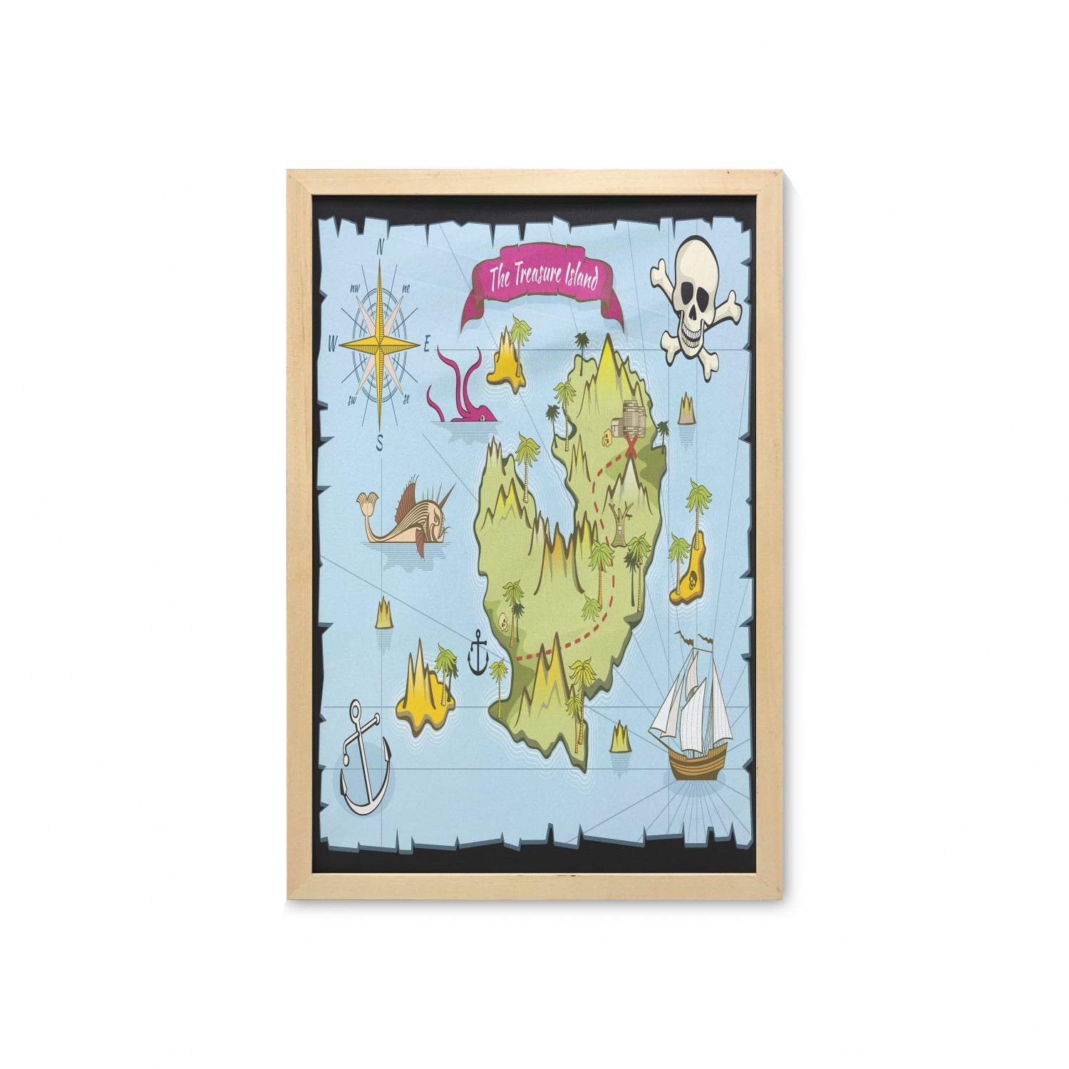 Island Map Wall Art with Frame, Treasure Island Skull Nautical Design ...
